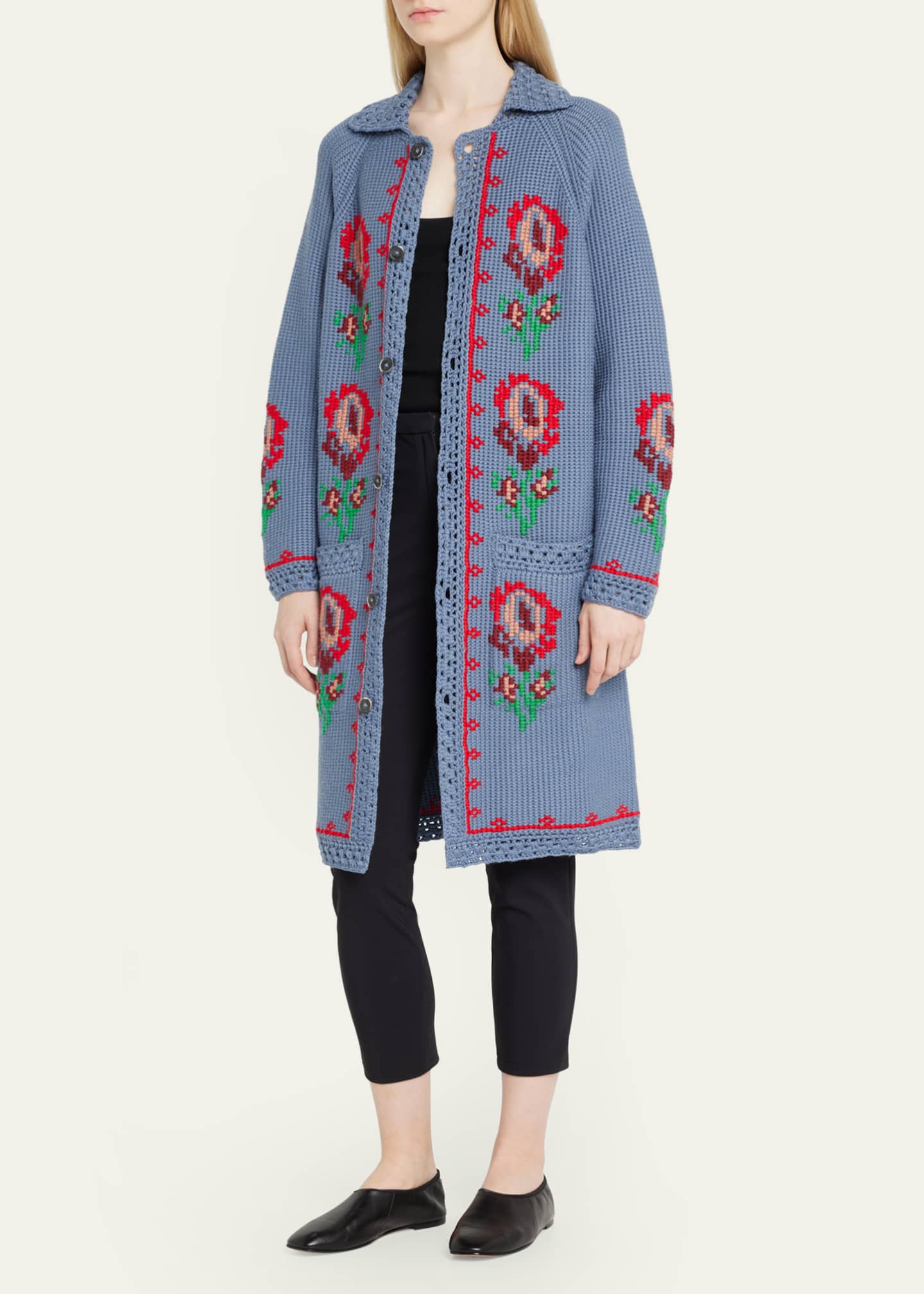 Bode Fluer Cross-Stitch Cardigan with Intarsia Detail - Bergdorf Goodman