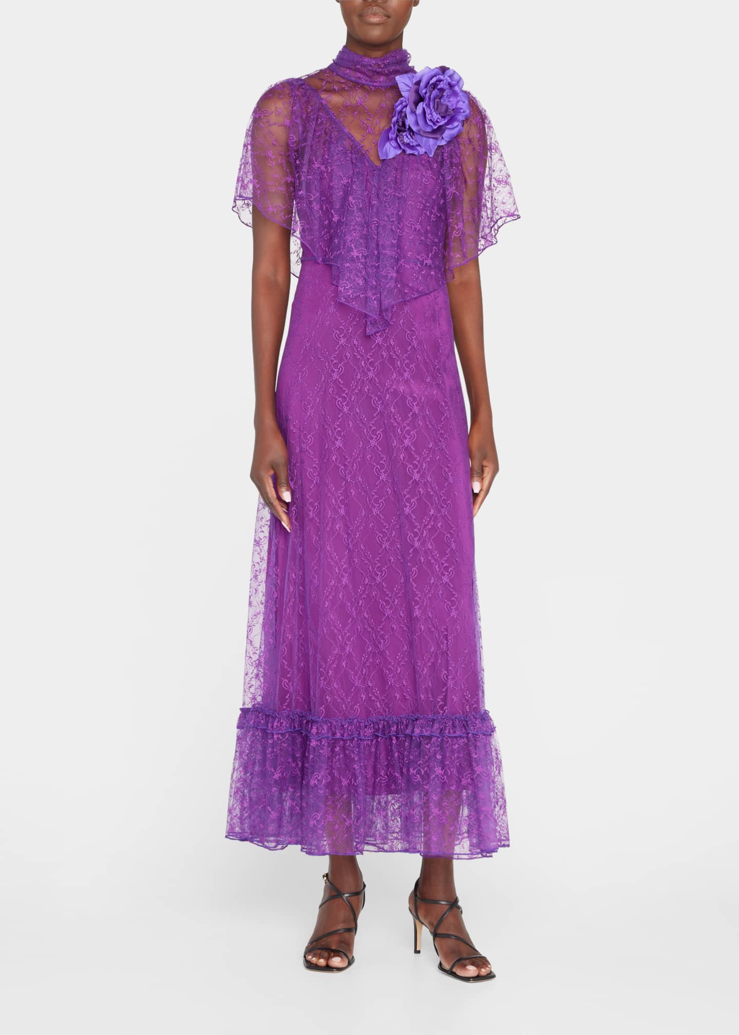 Rodarte Floral Lace Turtleneck Ruffle-Trim Maxi Dress with Flower ...