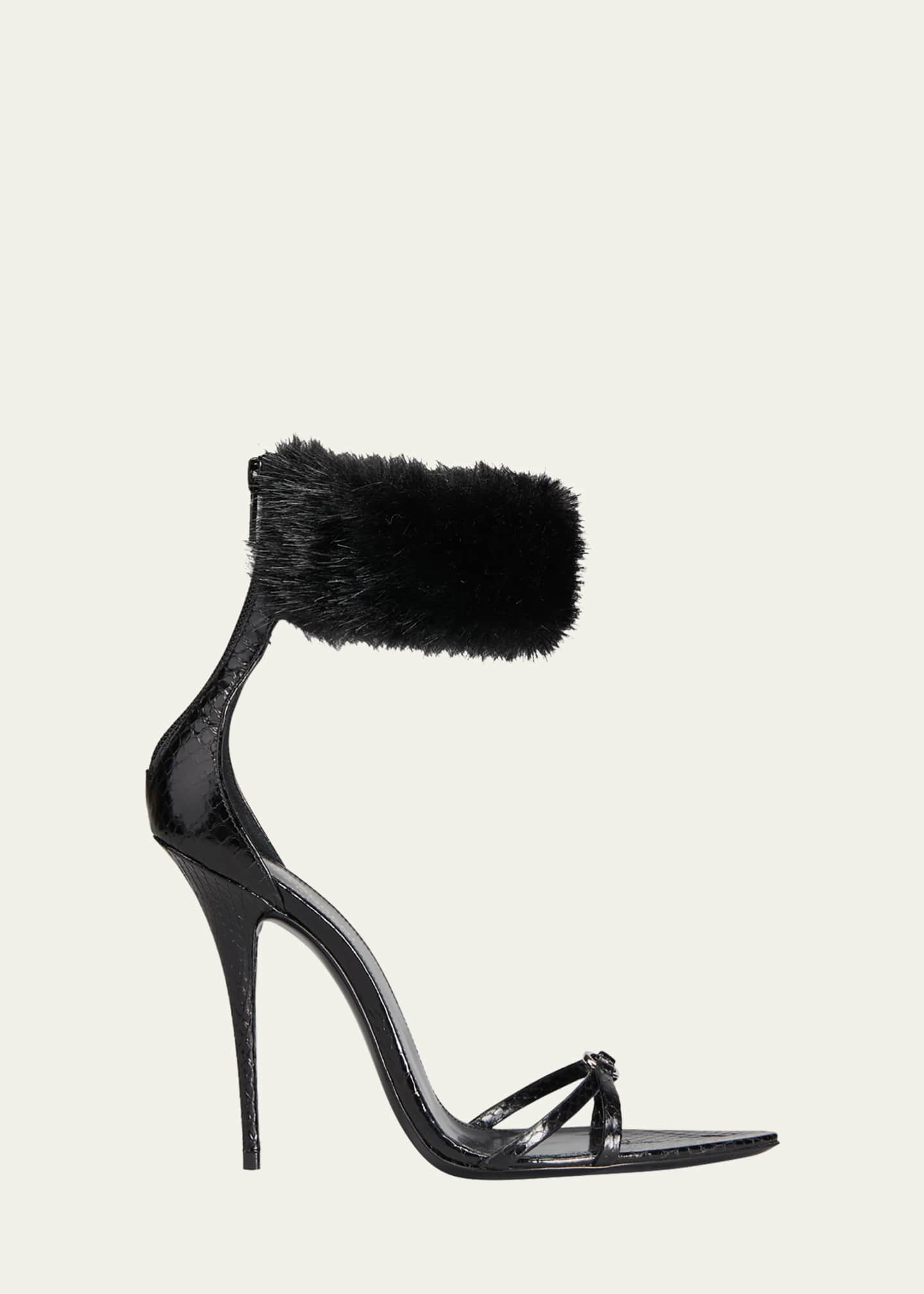 Saint Laurent 110mm Faux Fur Ankle-Cuff Sandals - Bergdorf Goodman