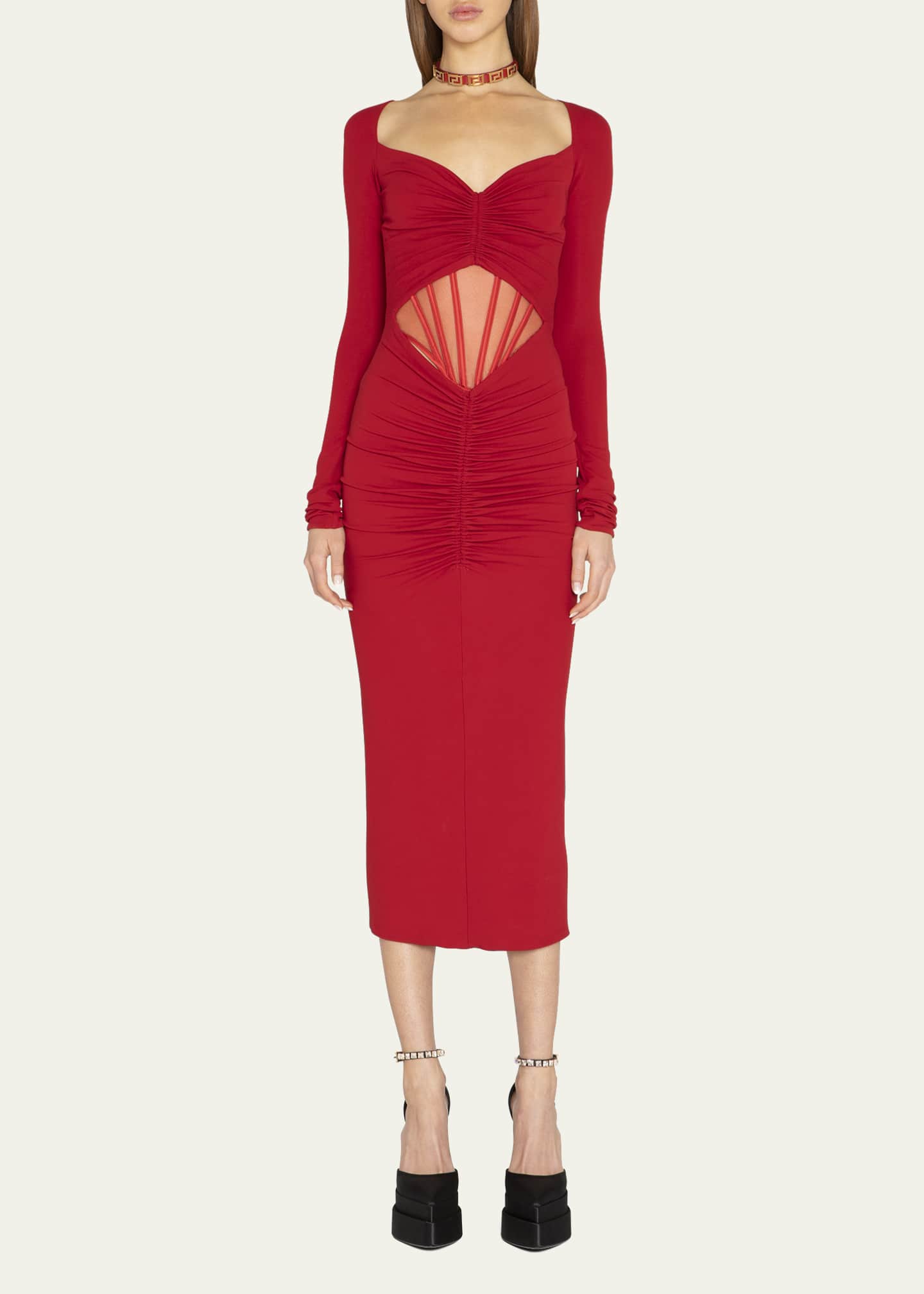Versace Ruched Corset Mesh-Inset Midi Dress - Bergdorf Goodman