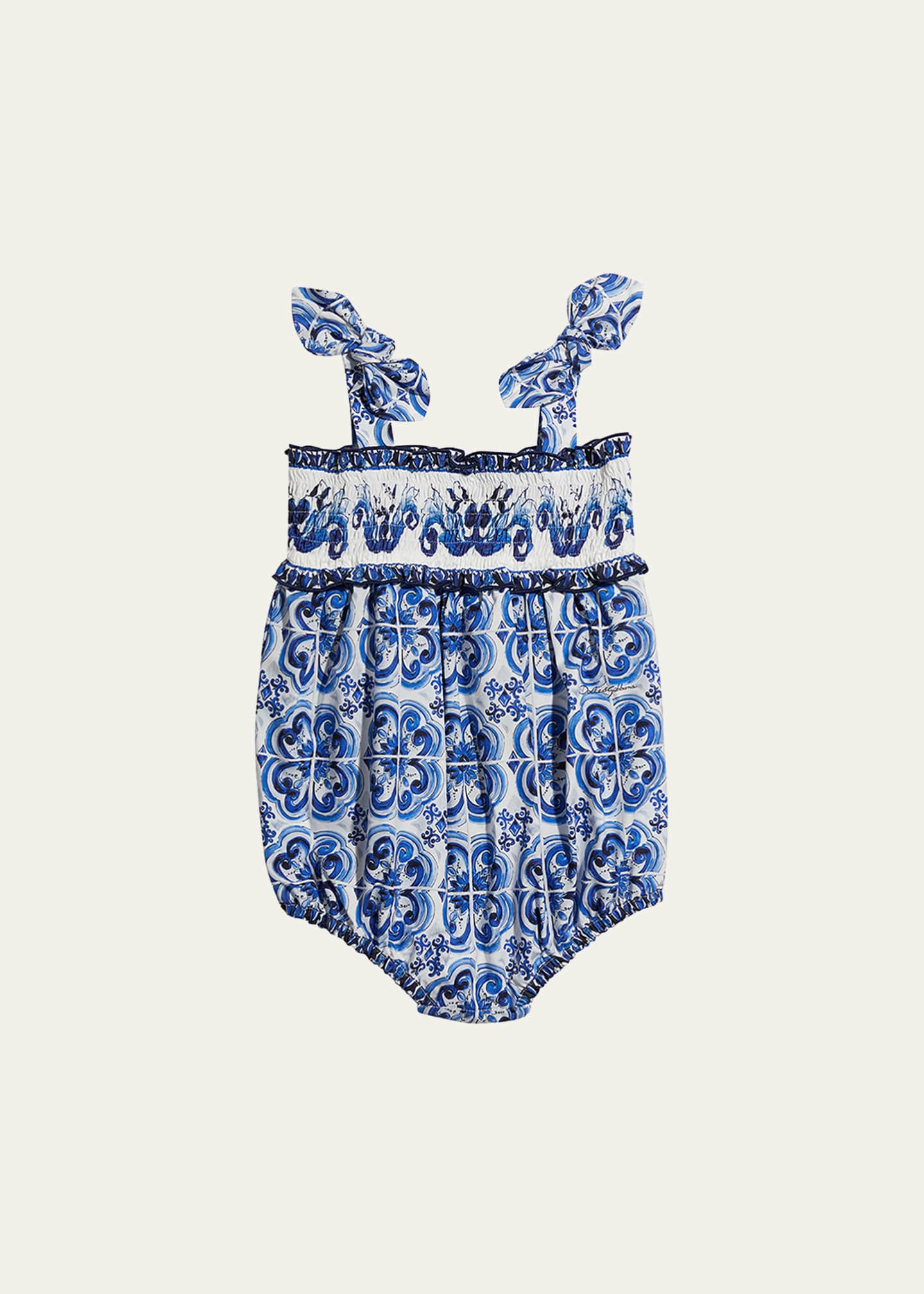 Dolce&Gabbana Girl's Blue Mediterraneo Majolica Smocked Romper, Size ...