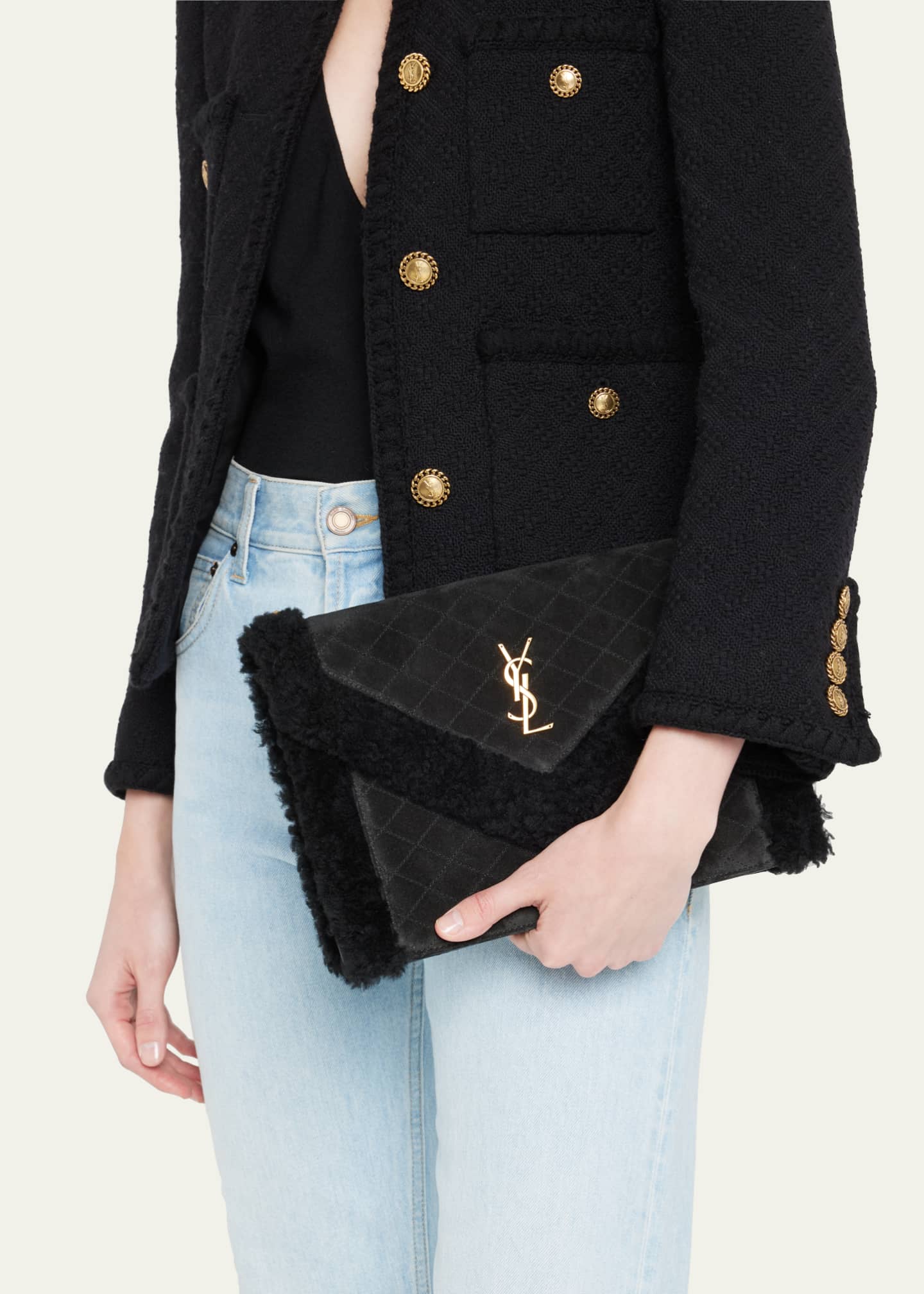 Saint Laurent Gaby Medium YSL Shearling Shoulder Bag - Bergdorf Goodman
