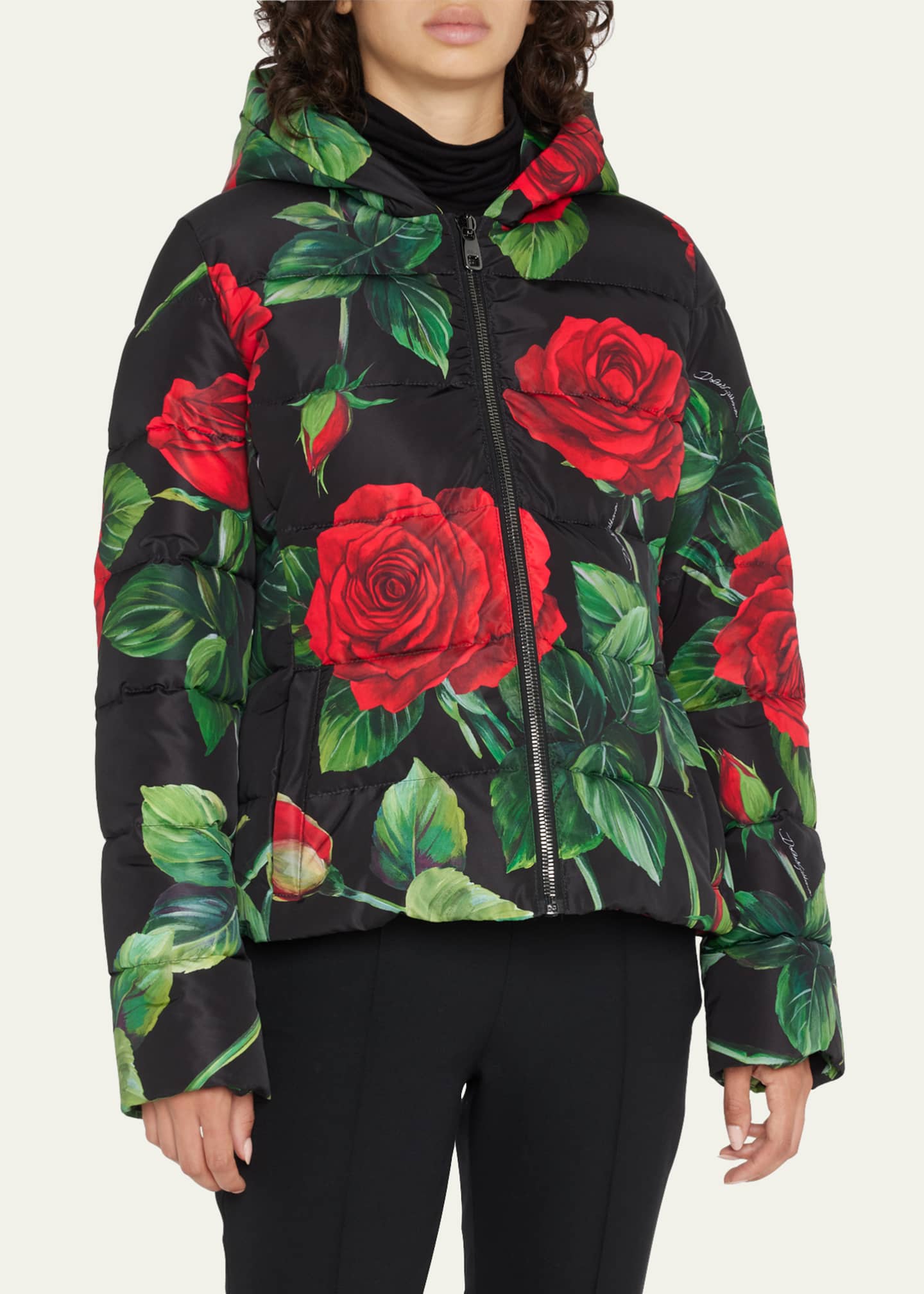 Dolce&Gabbana Rose-Print Hooded Puffer Jacket - Bergdorf Goodman