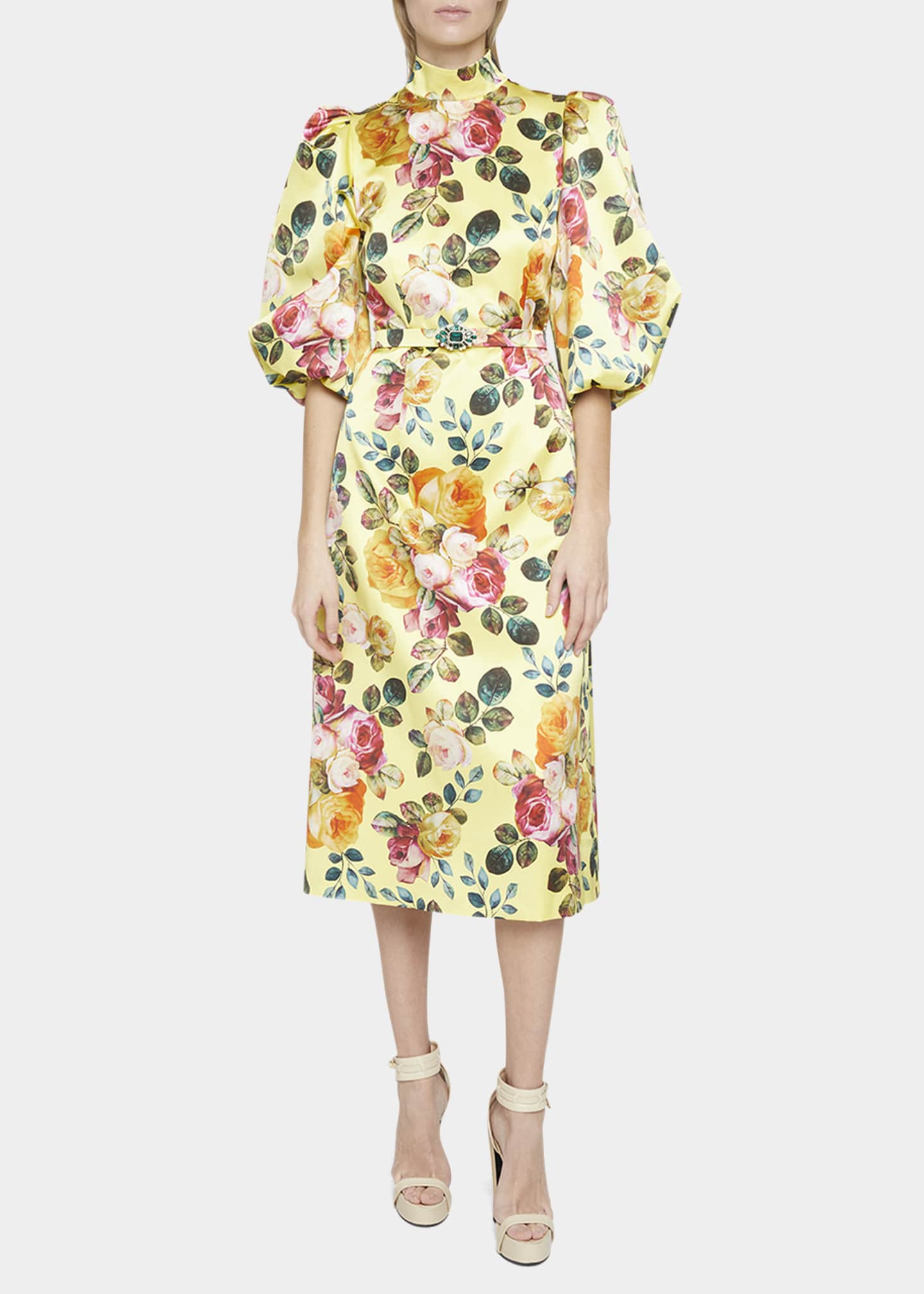 Andrew Gn Floral Print Puff Sleeve Belted Silk Midi Dress Bergdorf