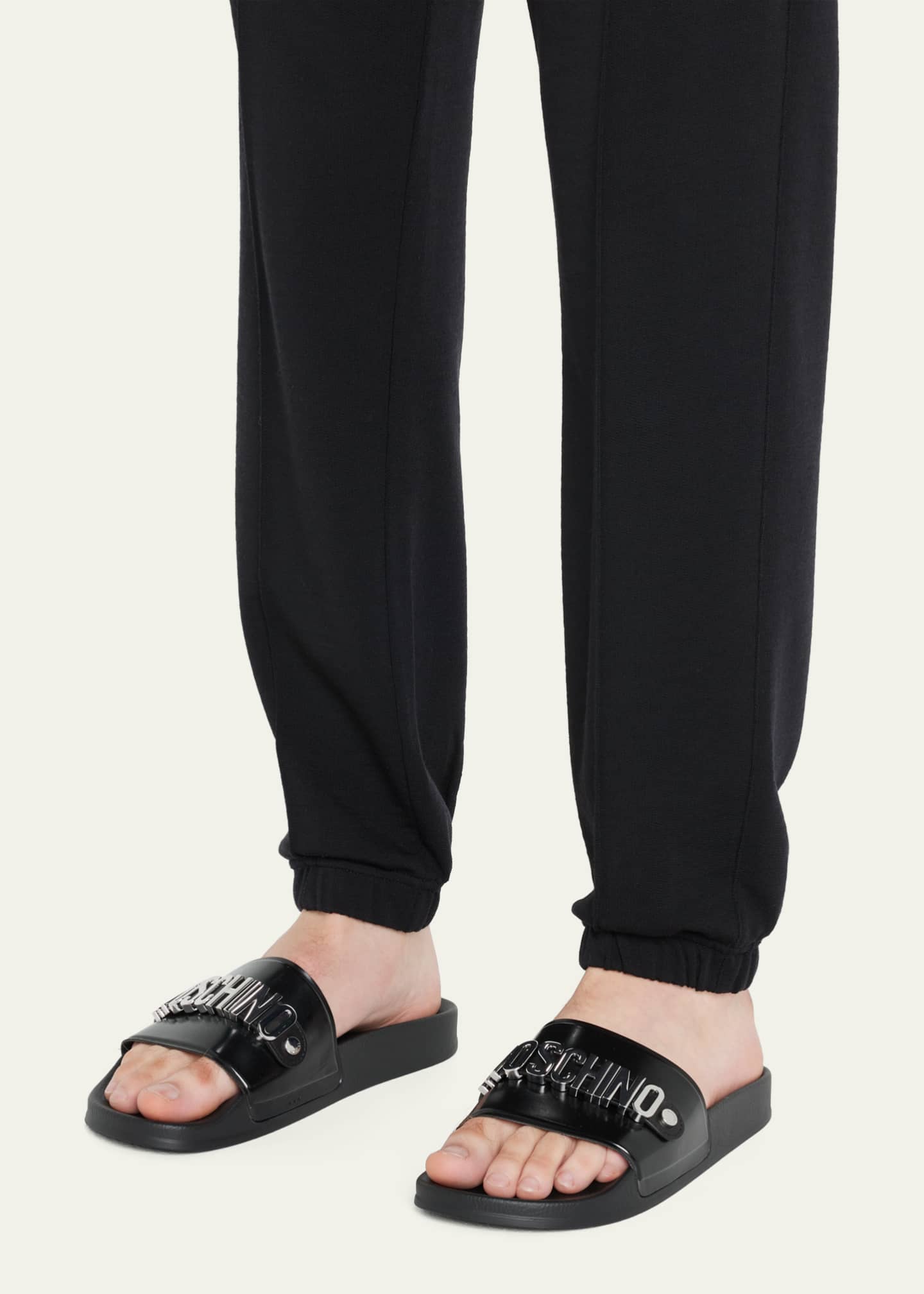 Moschino Men's Rubber Pool Slide Sandals w/ Metal Logo - Bergdorf Goodman