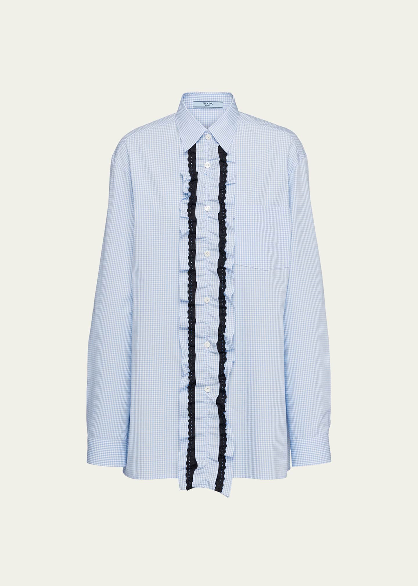 Prada Gingham Button-Front Shirt with Detachable Ruffle - Bergdorf Goodman
