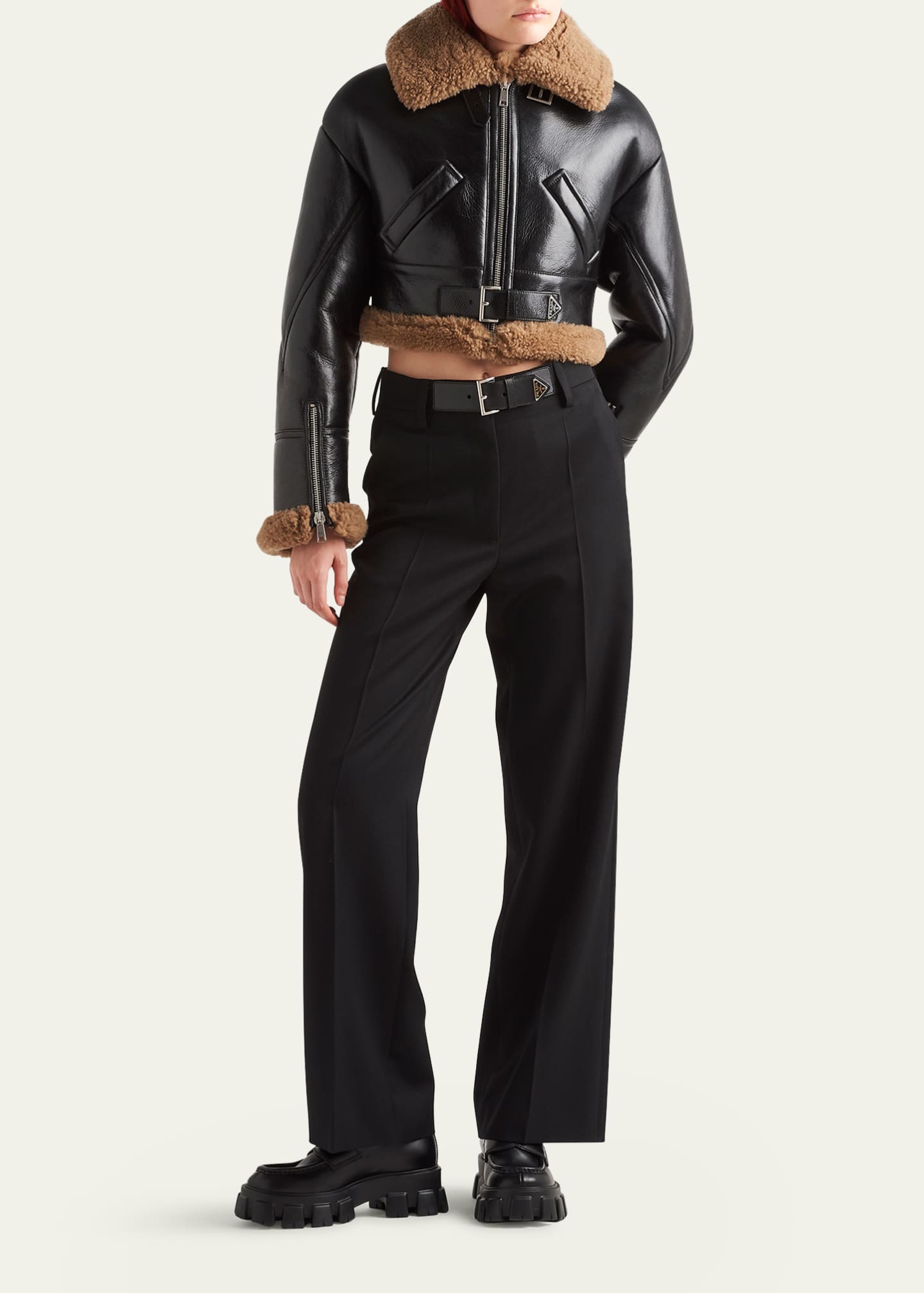 Prada Cropped Moto Leather Shearling Jacket - Bergdorf Goodman