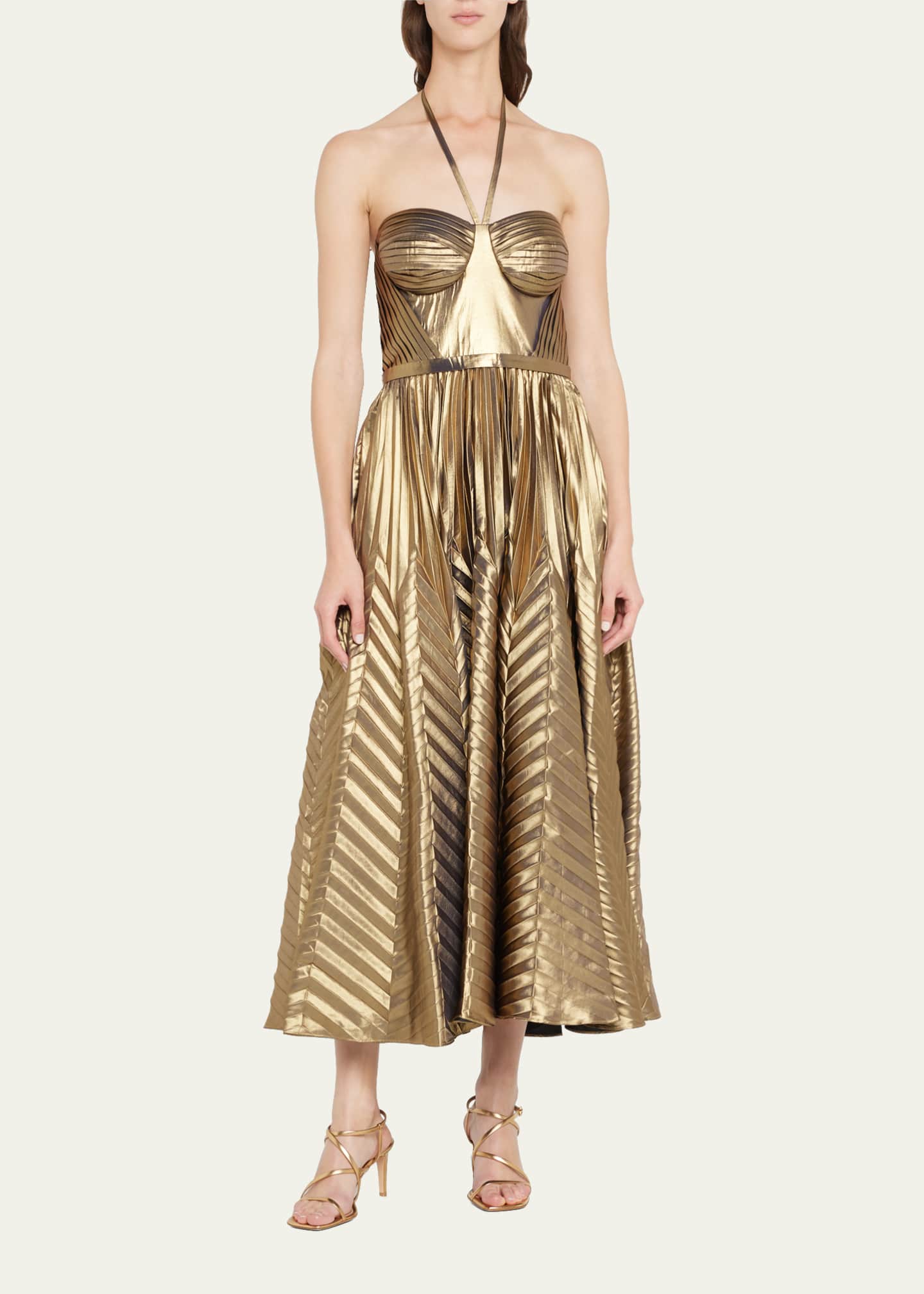 Marchesa Notte Chevron Pleated Georgette Halter Gown - Bergdorf Goodman