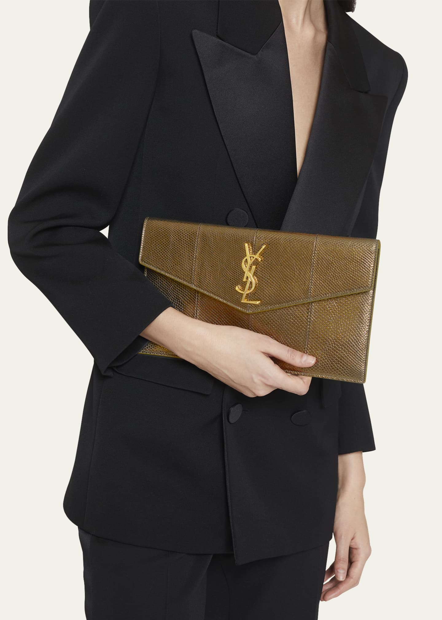 Saint Laurent Uptown YSL Metallic Snakeskin Pouch Clutch Bag Bergdorf