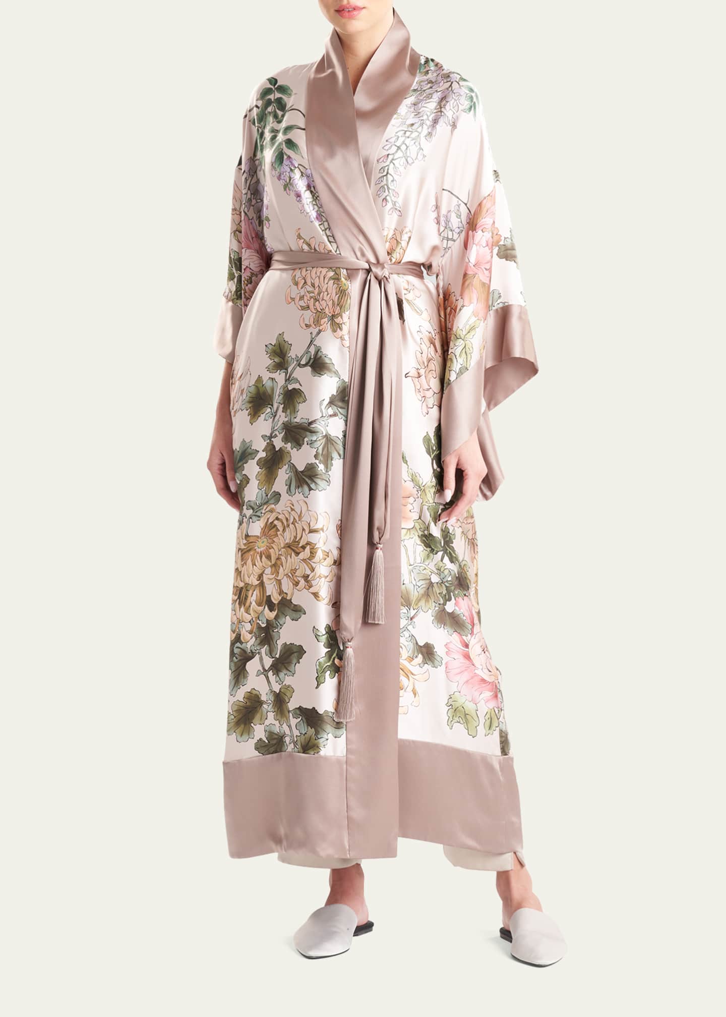 Josie Natori Kairaku Tasseled Floral-Print Satin Robe - Bergdorf Goodman