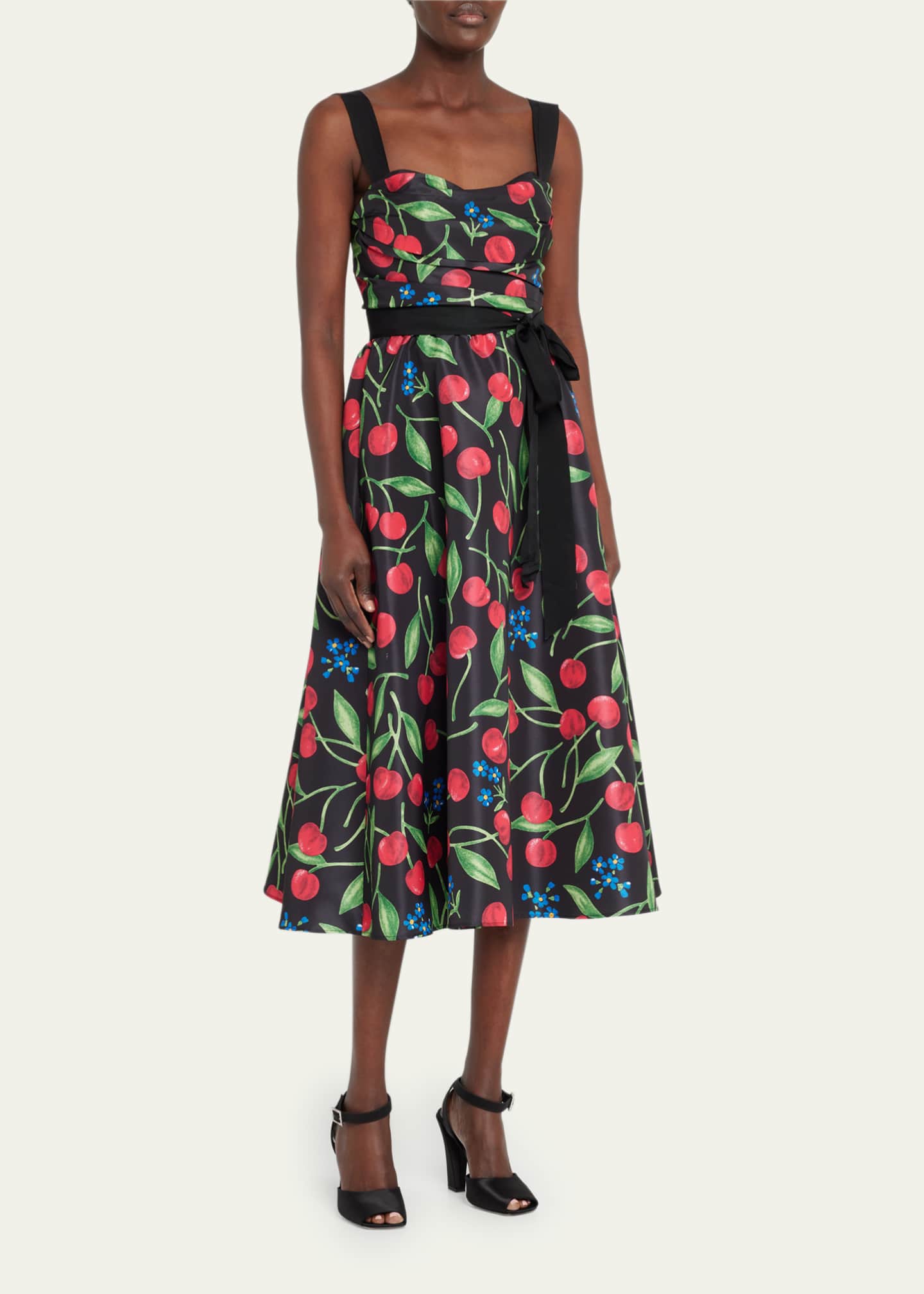 Carolina Herrera Cherry-Print Draped Sash Midi Dress - Bergdorf Goodman