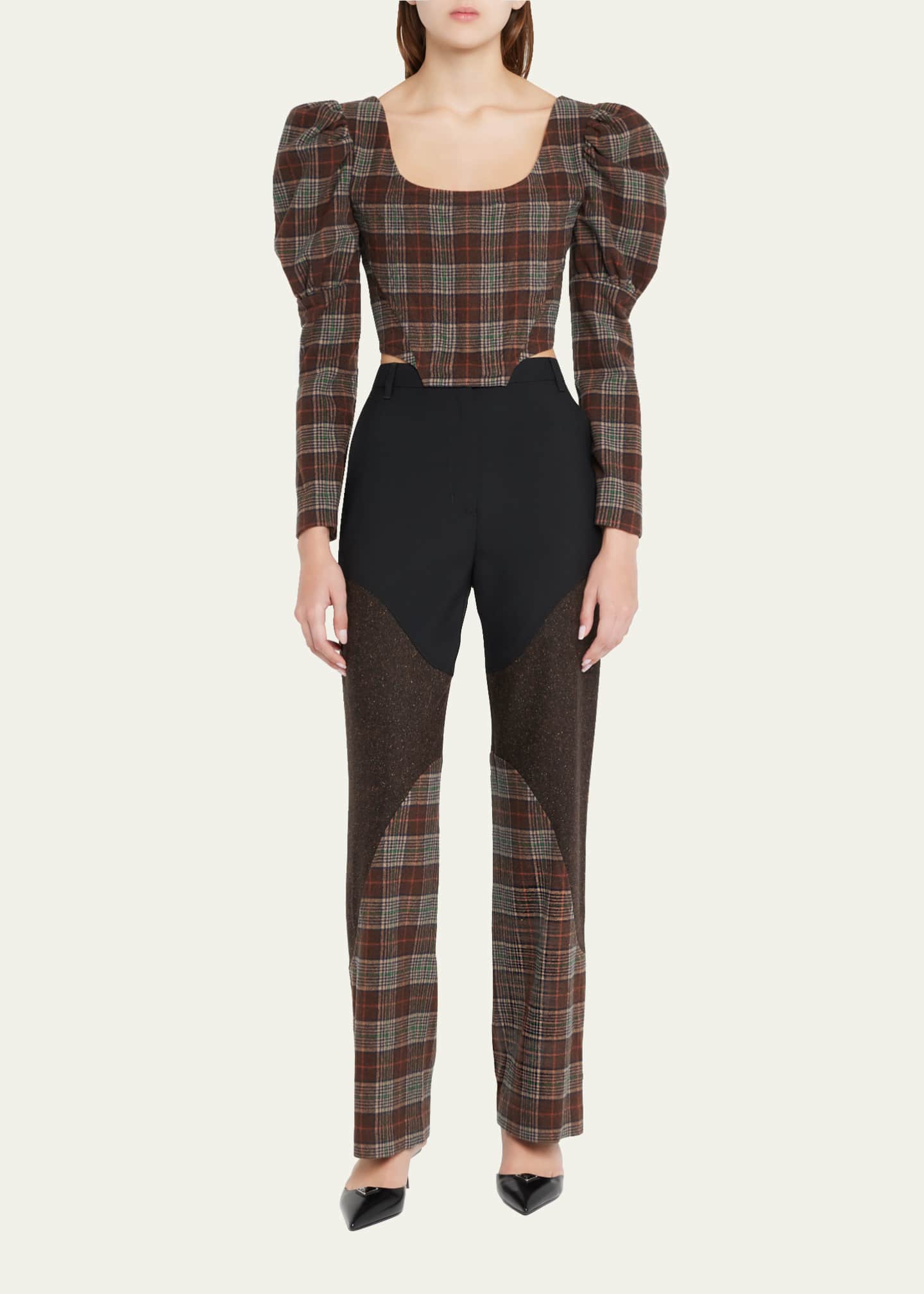 PUPPETS AND PUPPETS Plaid Puff-Sleeve Crop Corset Top - Bergdorf Goodman
