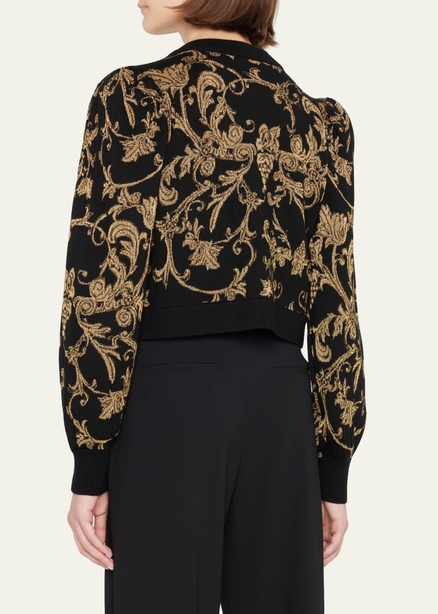 Alice + Olivia Kitty Baroque-Print Puff-Sleeve Cardigan - Bergdorf Goodman Alice + Olivia Kitty Baroque-Print Puff-Sleeve Cardigan - Bergdorf Goodman