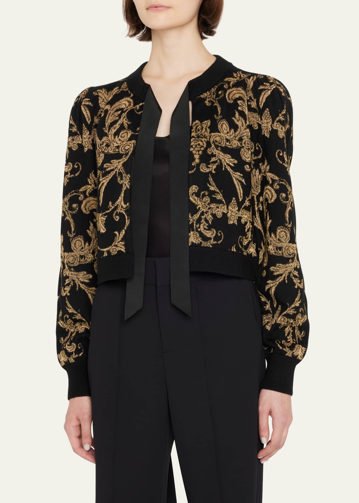 Alice + Olivia Kitty Baroque-Print Puff-Sleeve Cardigan - Bergdorf Goodman Alice + Olivia Kitty Baroque-Print Puff-Sleeve Cardigan - Bergdorf Goodman