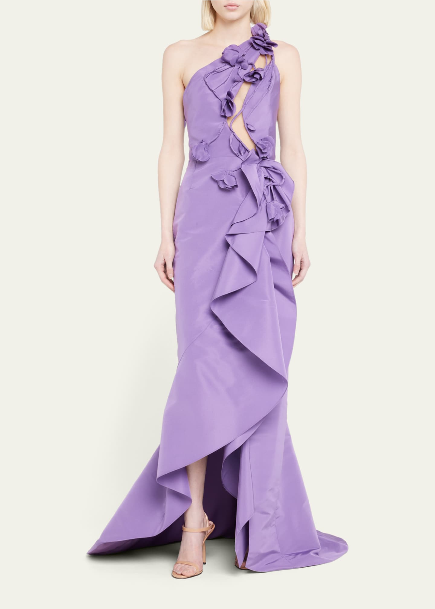 Marchesa Floral-Applique Cutout One-Shoulder Ruffle-Slit Gown ...