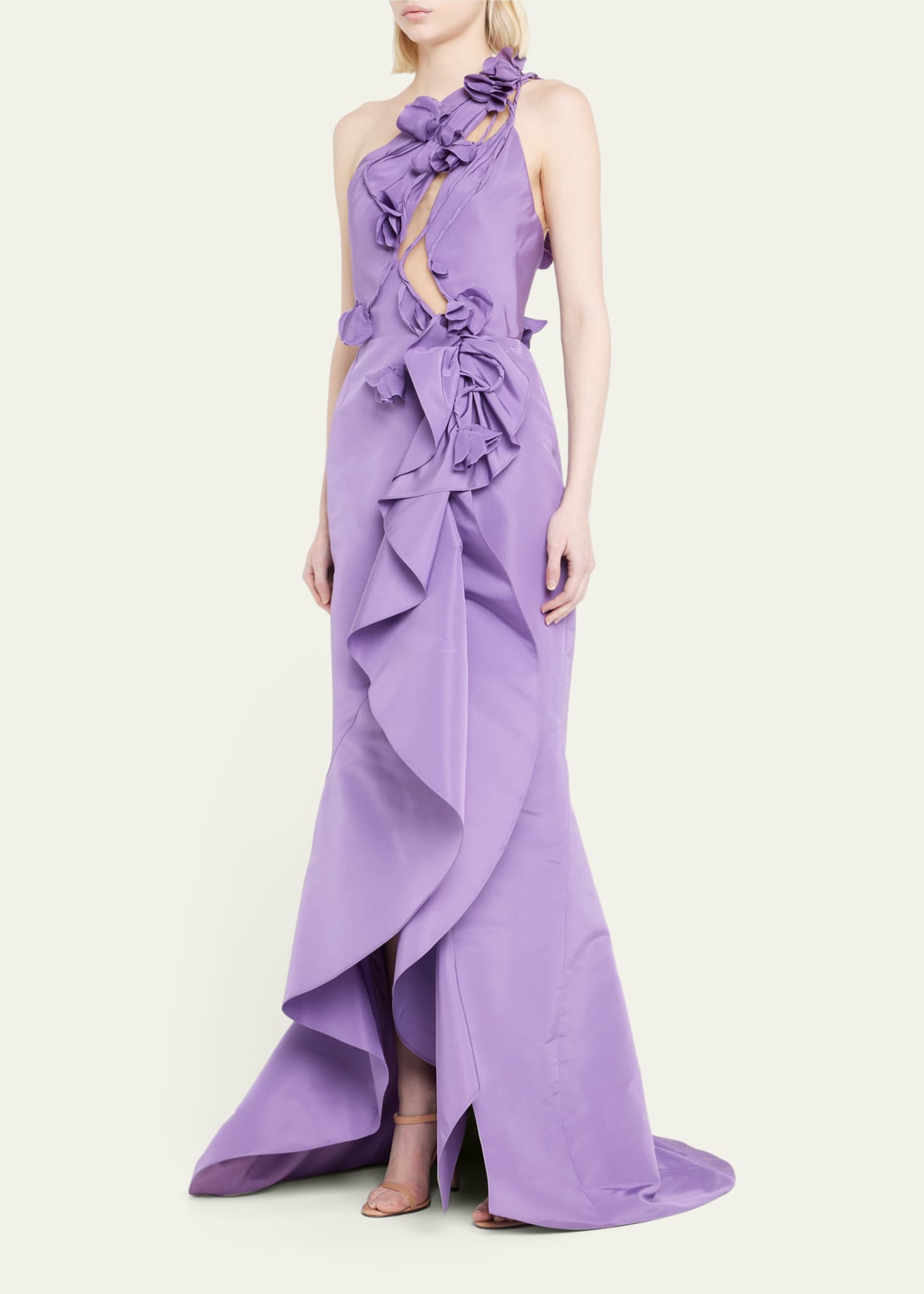 Marchesa Floral-Applique Cutout One-Shoulder Ruffle-Slit Gown ...