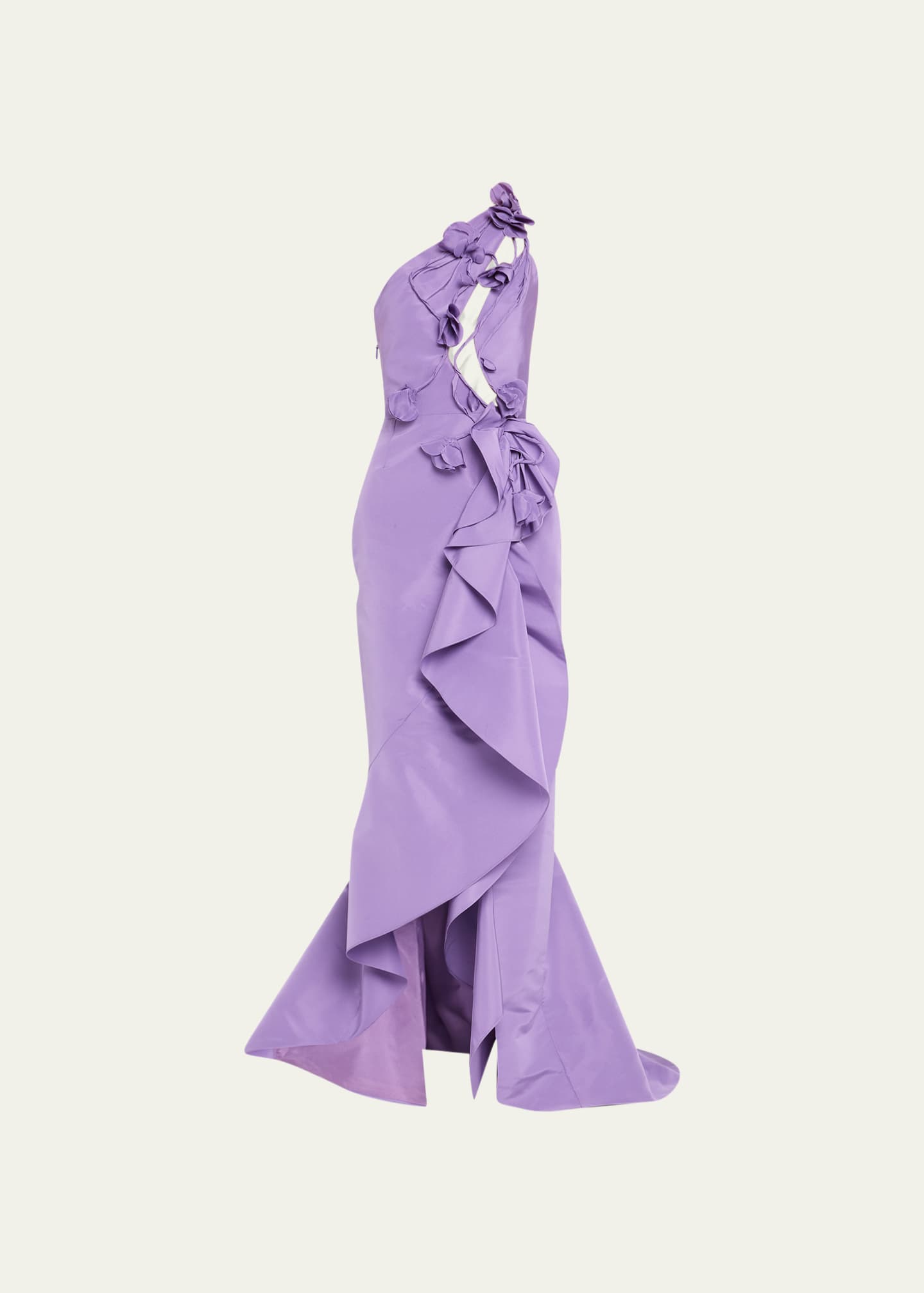 Marchesa Floral-Applique Cutout One-Shoulder Ruffle-Slit Gown ...