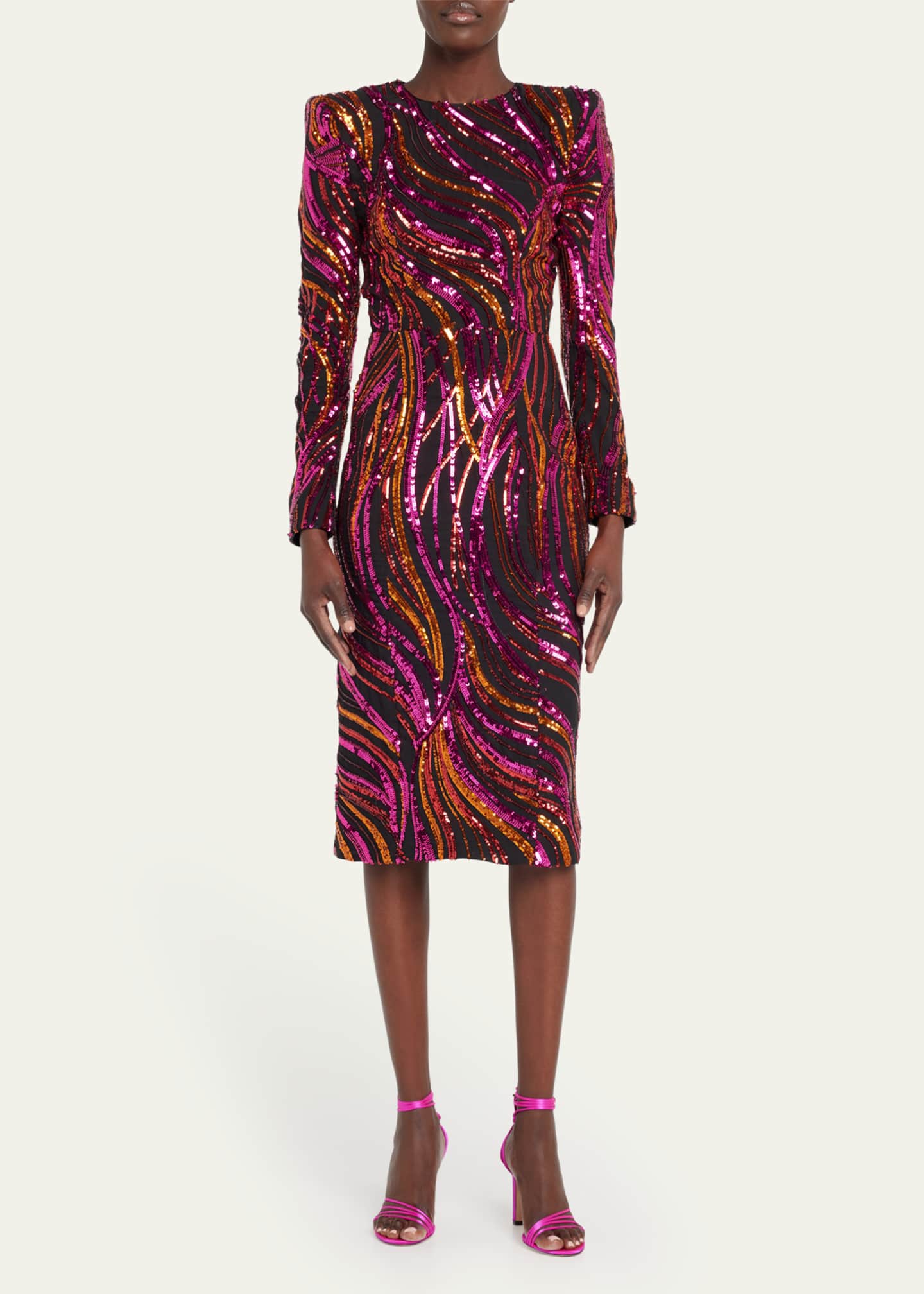 Halpern Sequin Midi Dress w/ High Shoulders - Bergdorf Goodman