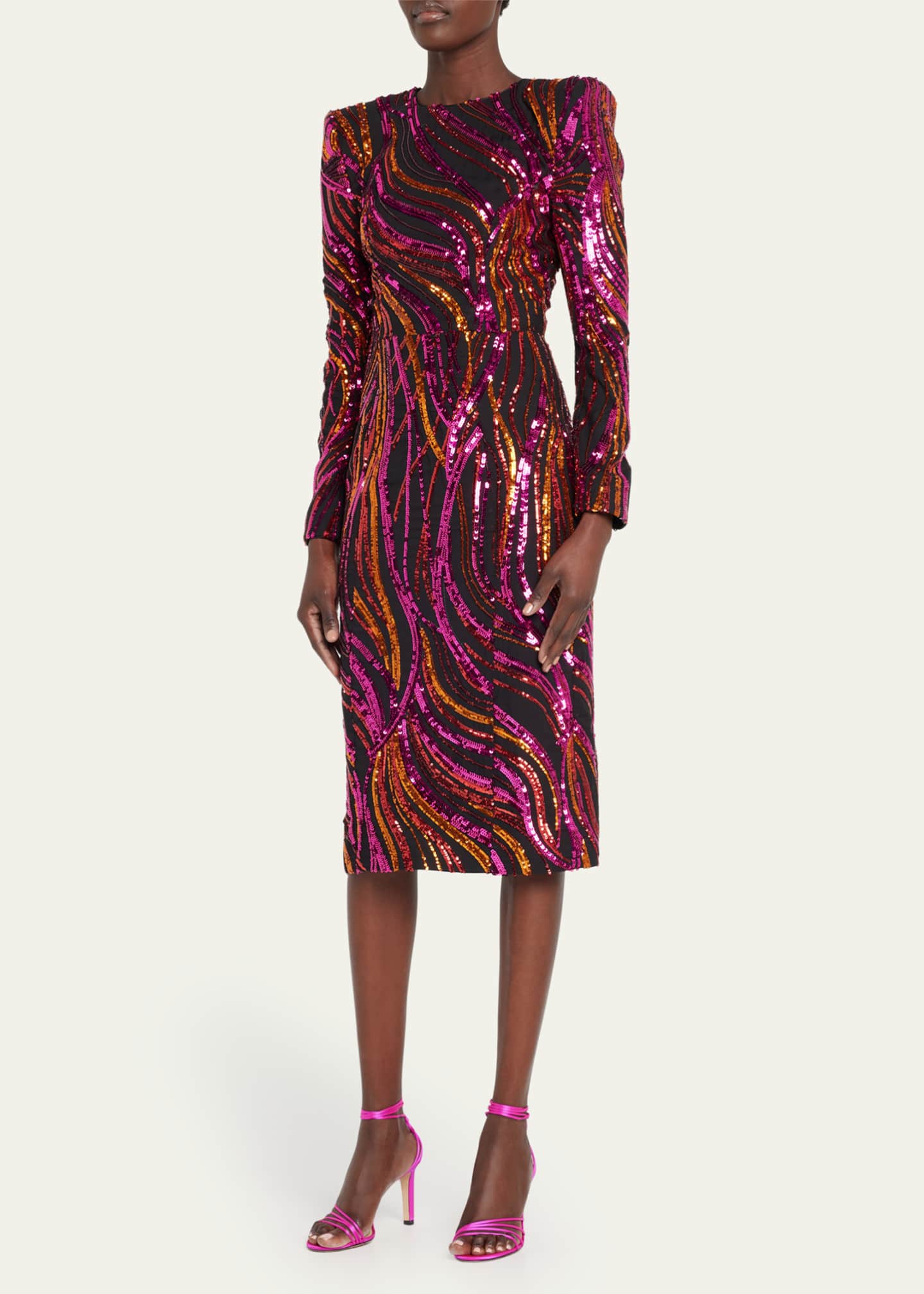 Halpern Sequin Midi Dress w/ High Shoulders - Bergdorf Goodman