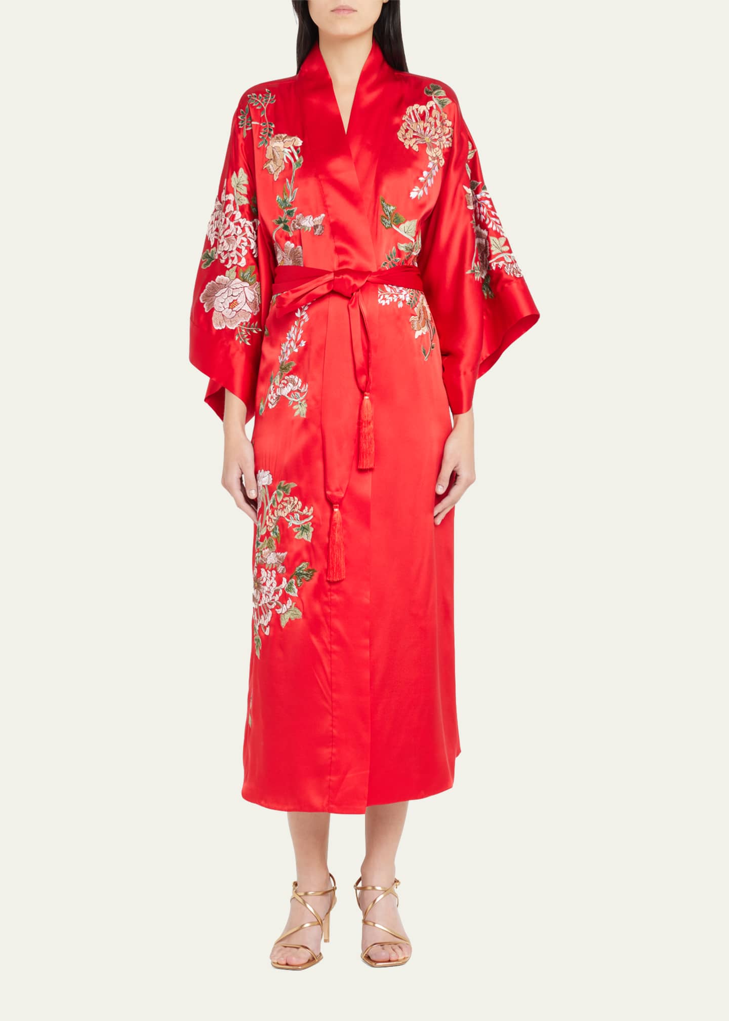 Josie Natori Kairaku Floral-Embroidered Silk Robe - Bergdorf Goodman