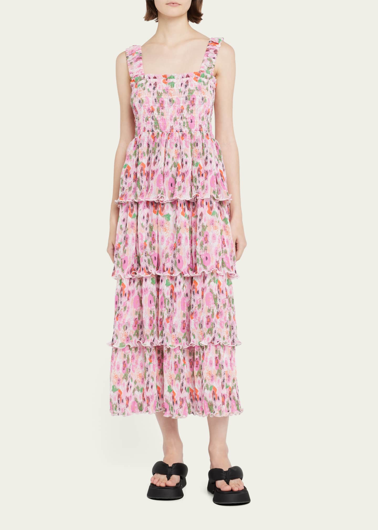 Ganni Floral Smocked Tiered Midi Dress - Bergdorf Goodman
