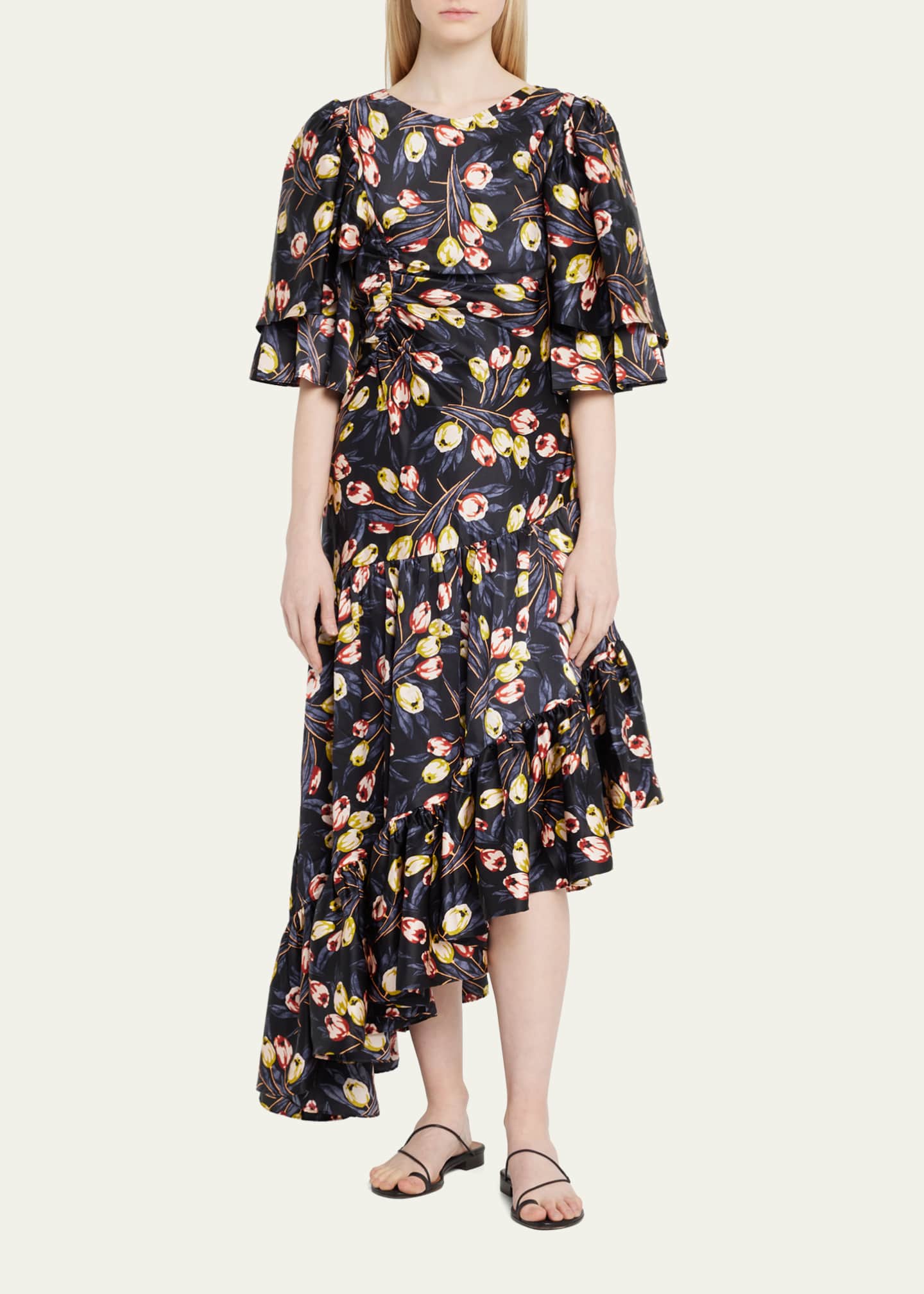 Cinq a Sept Kossa Asymmetric-Ruffle Silk Midi Dress - Bergdorf Goodman