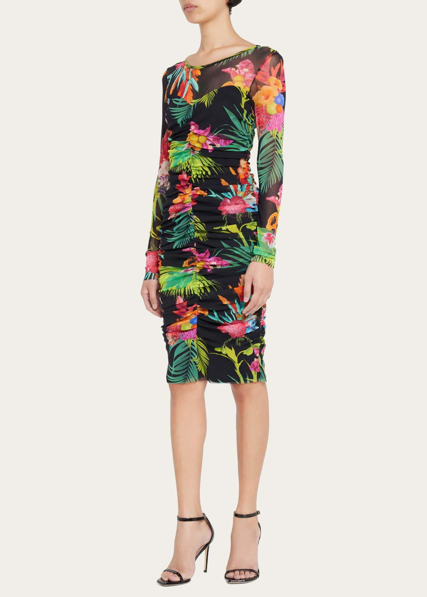 Fuzzi Ruched Floral-Print Tulle Dress - Bergdorf Goodman