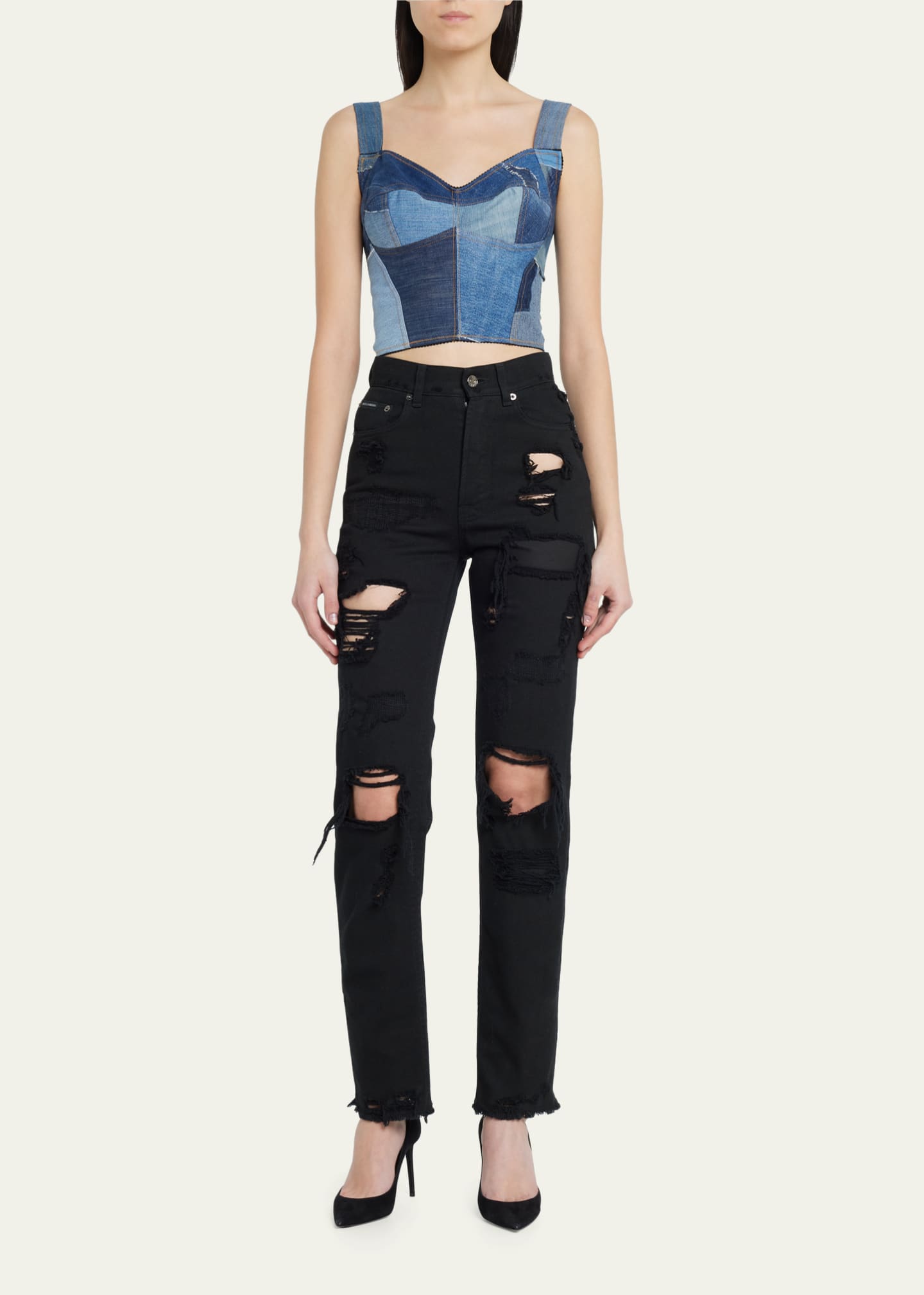 Dolce&Gabbana Patchwork Denim Bustier Top - Bergdorf Goodman