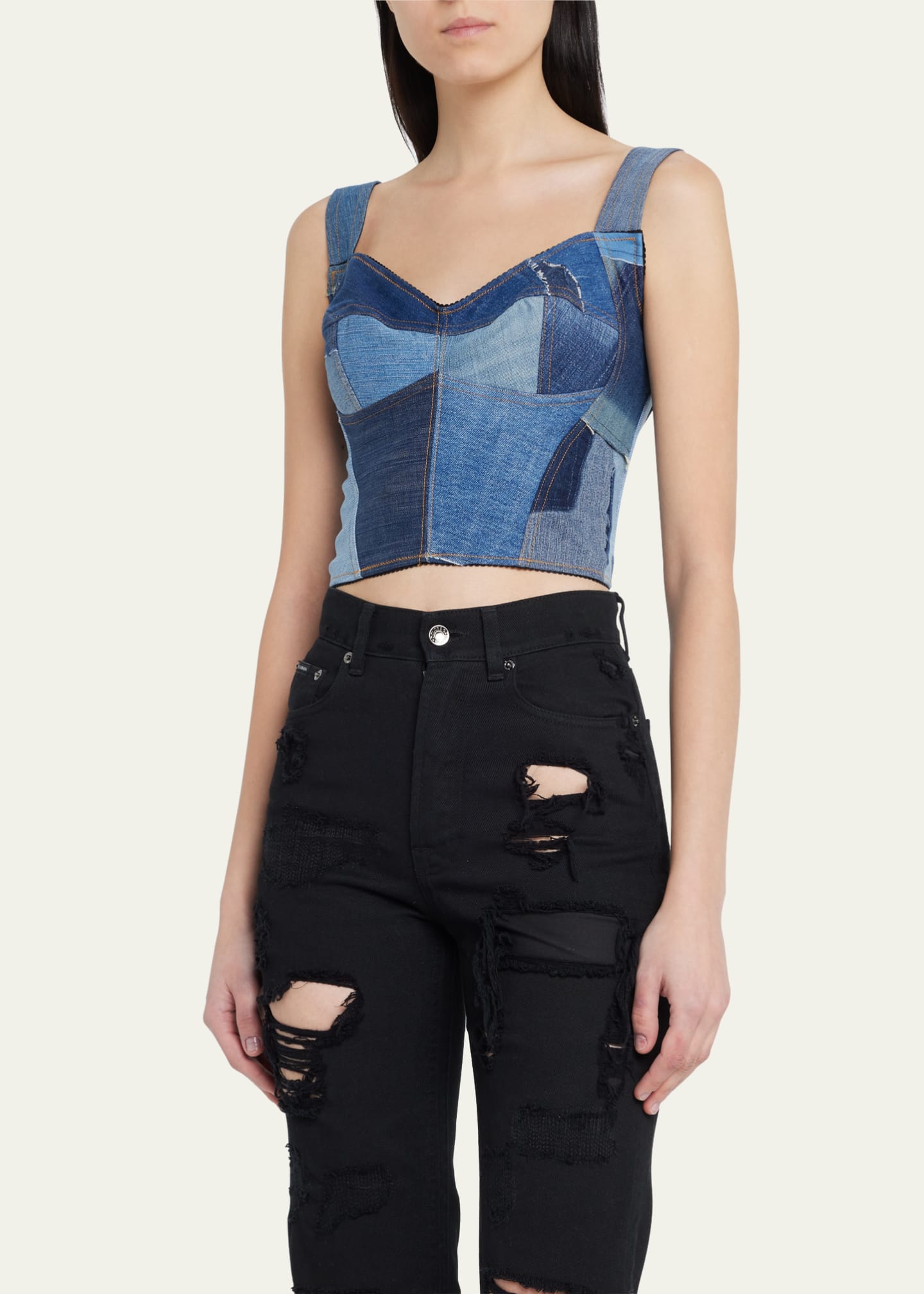 Dolce&Gabbana Patchwork Denim Bustier Top - Bergdorf Goodman