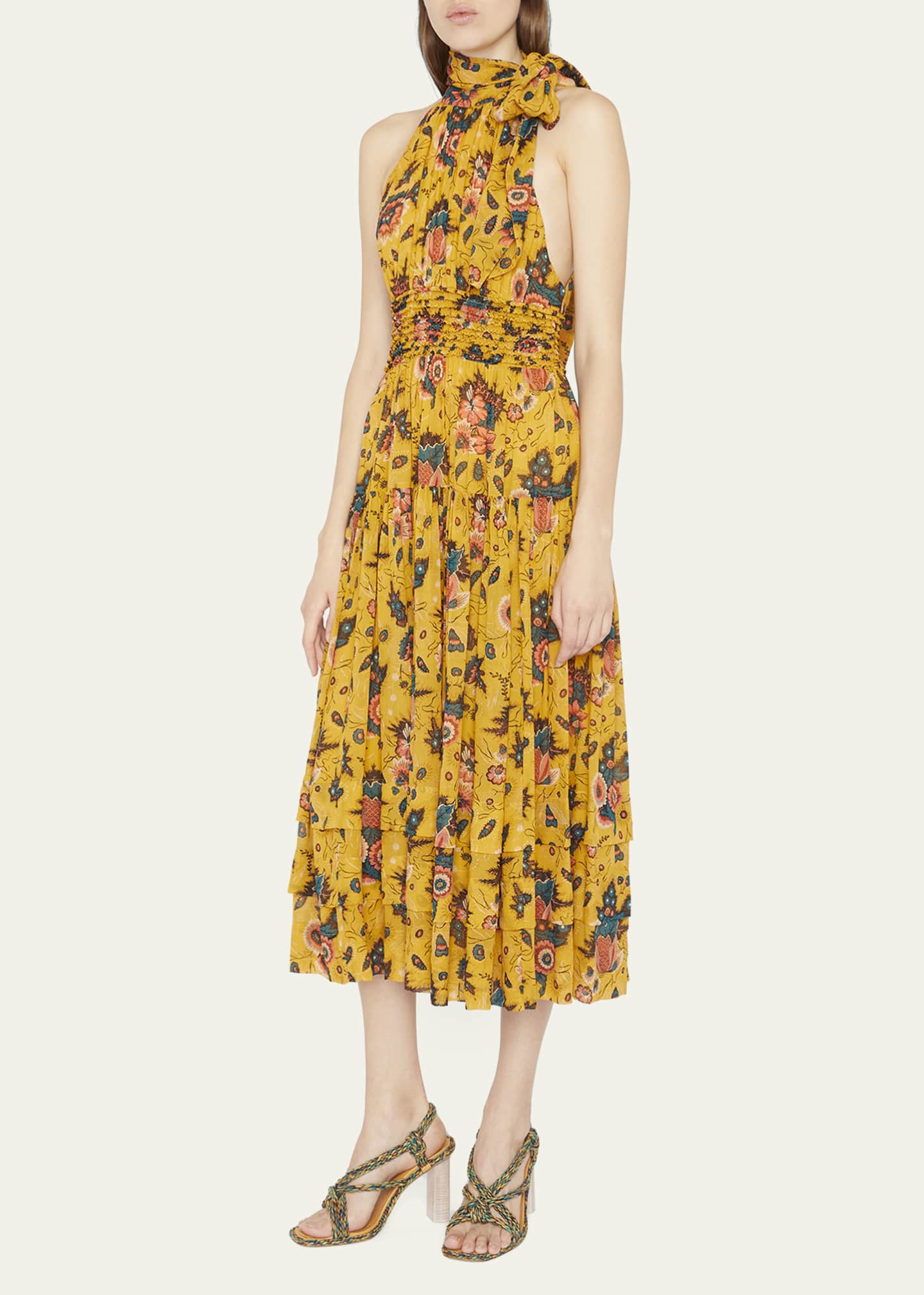 Ulla Johnson Maya Neck-Tie Midi Floral Silk Dress - Bergdorf Goodman