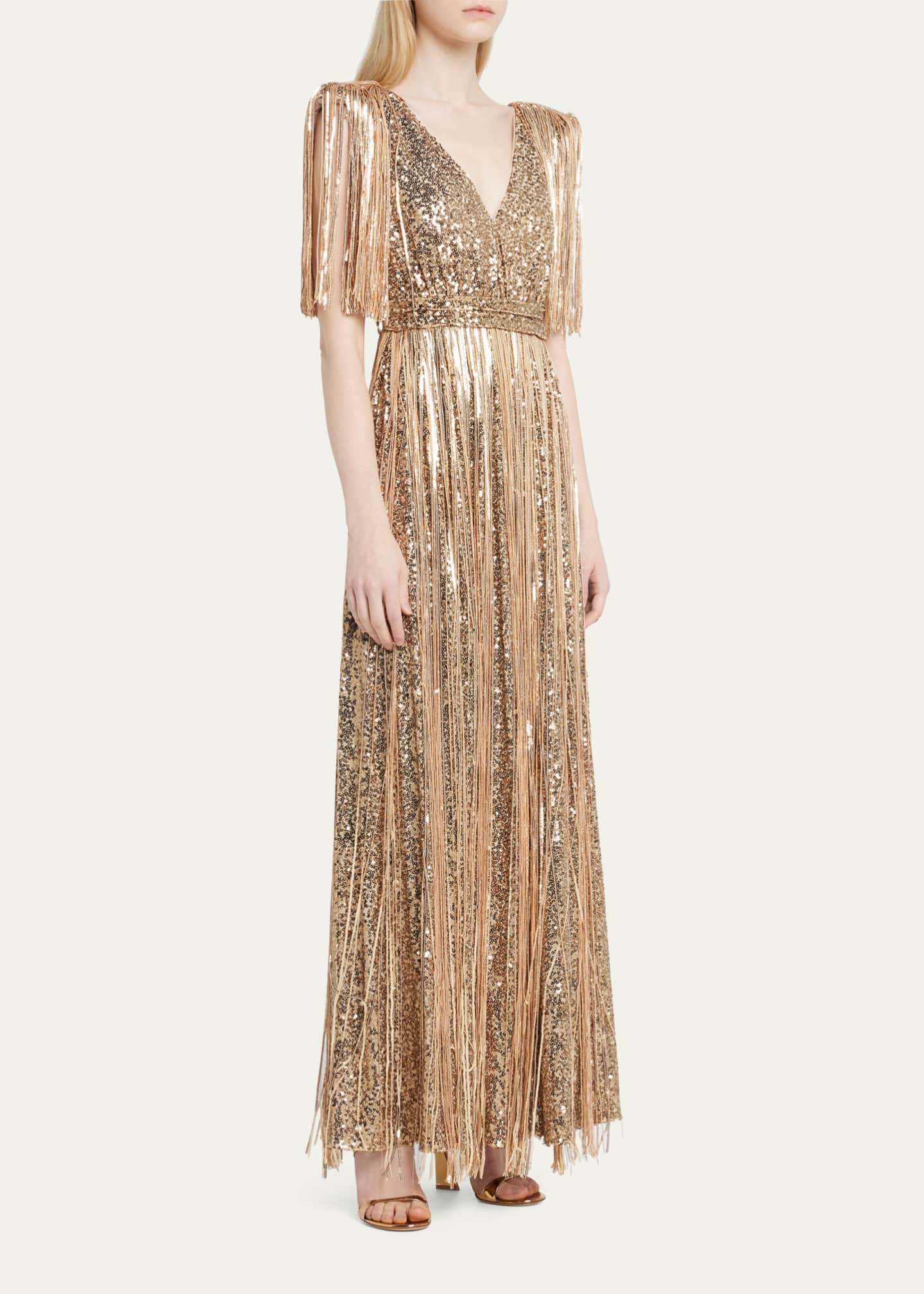 Badgley Mischka Collection V-Neck Sequin Fringe Gown - Bergdorf Goodman