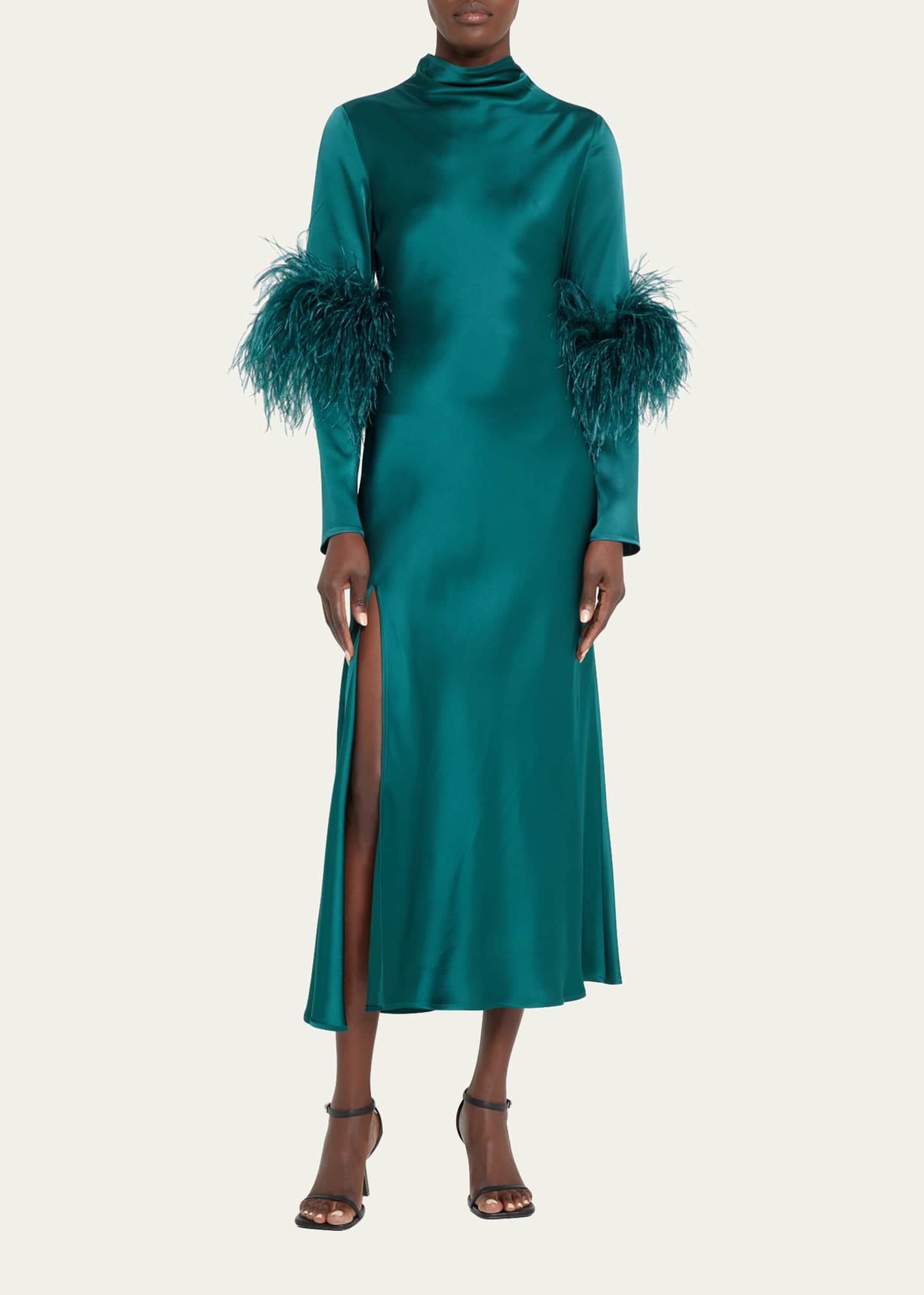 LAPOINTE Feather-Trim Thigh-Slit Satin Midi Dress - Bergdorf Goodman