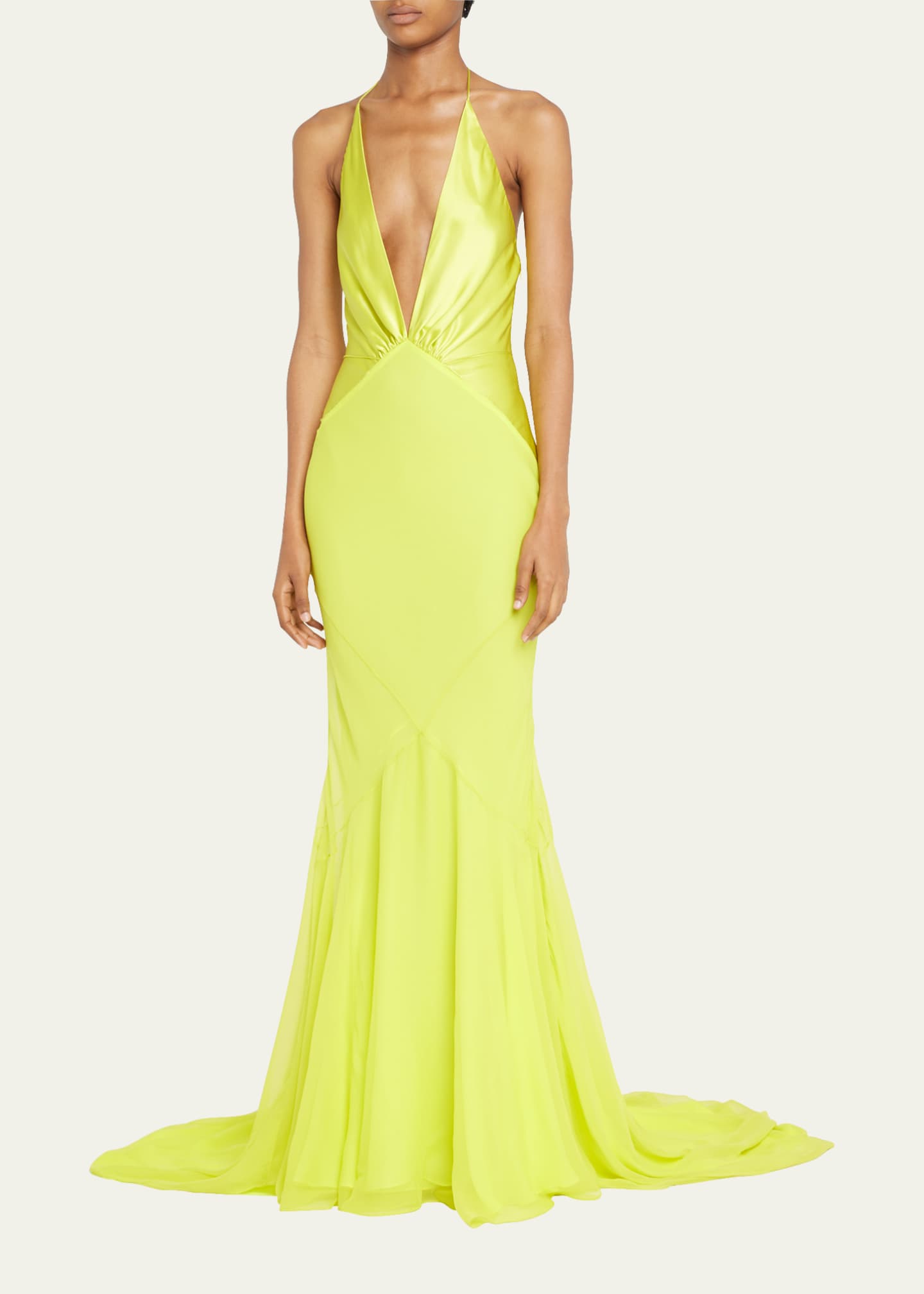 CHRISTOPHER JOHN ROGERS Deep V Halter-Neck Bias Silk Gown - Bergdorf Goodman