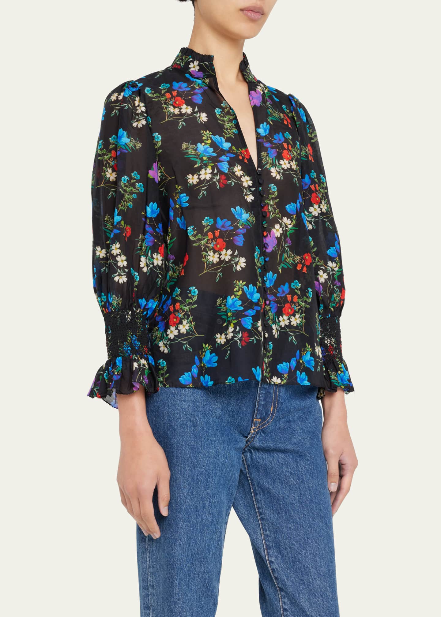 Alice + Olivia Ilan Smocked-Sleeve Button-Front Blouse - Bergdorf Goodman