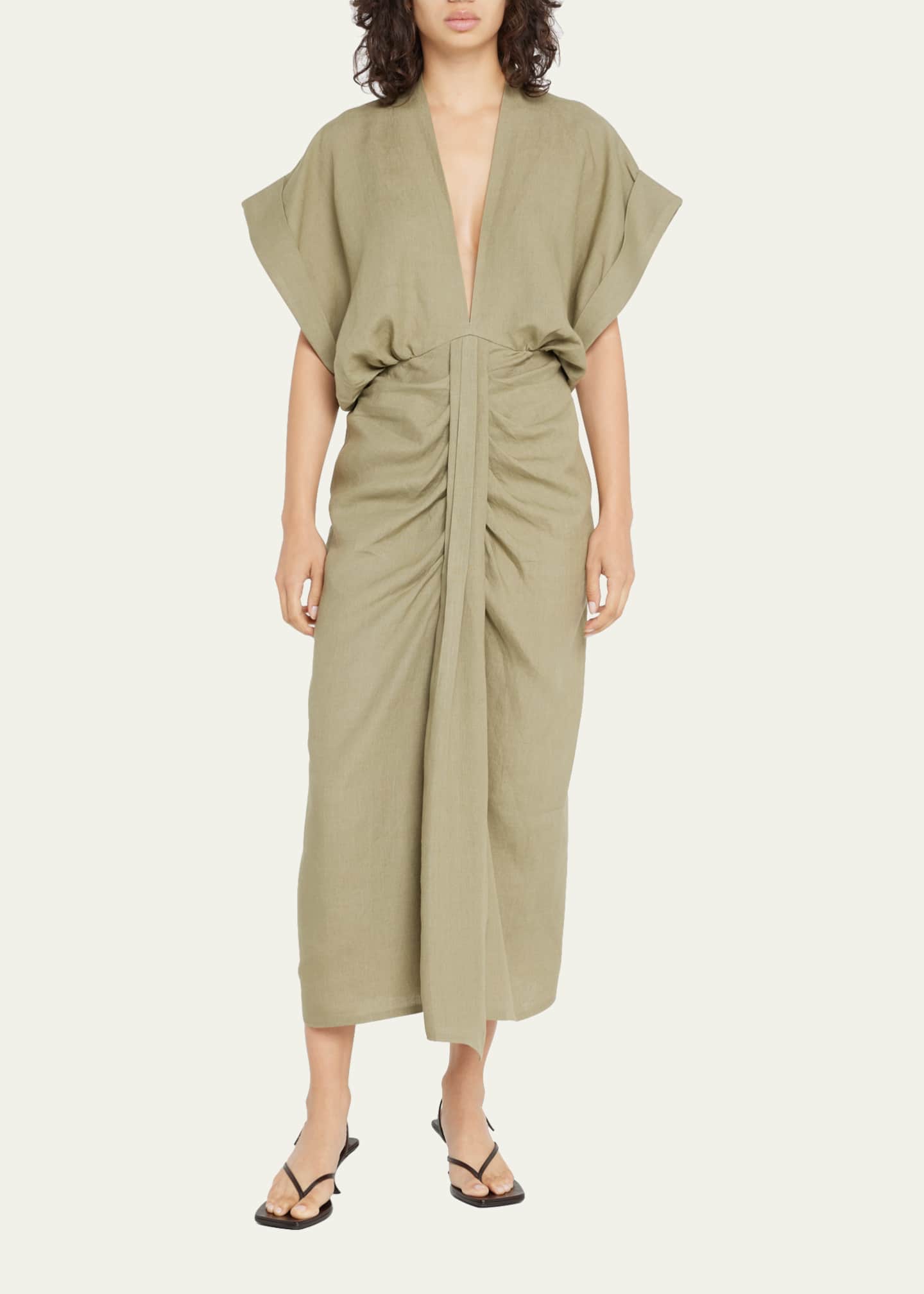 Piece of White Audelia Linen V-Neck Midi Dress - Bergdorf Goodman