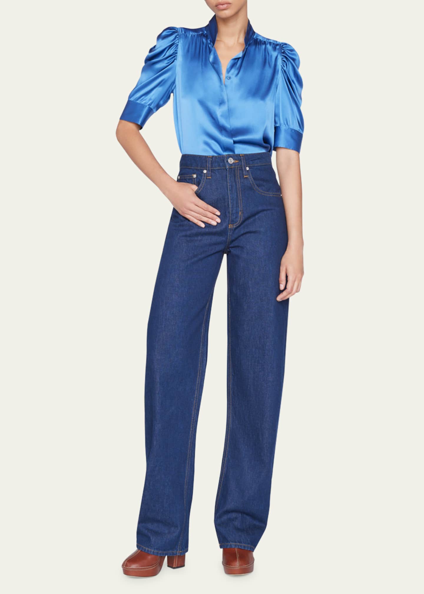 FRAME Gillian Silk Ruched Sleeve Top - Bergdorf Goodman