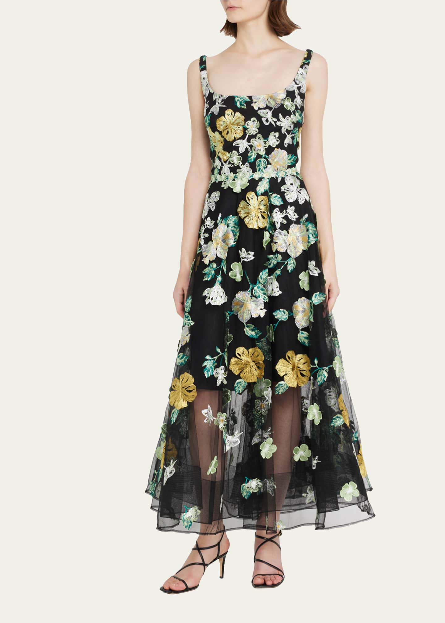 Marchesa Notte Floral-Embroidered Tulle Midi Dress - Bergdorf Goodman