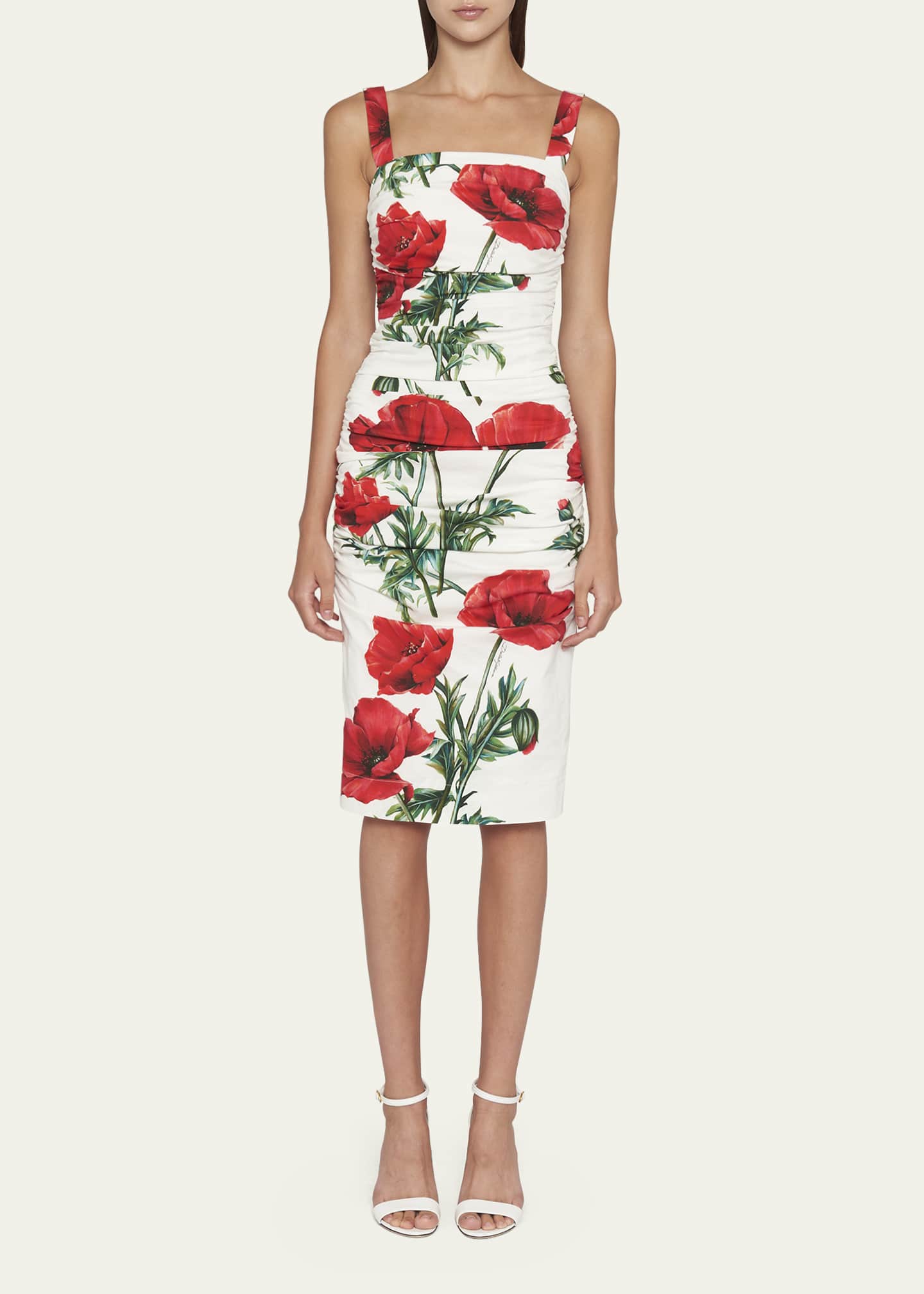 Dolce&Gabbana Poppy-Print Ruched Midi Dress - Bergdorf Goodman
