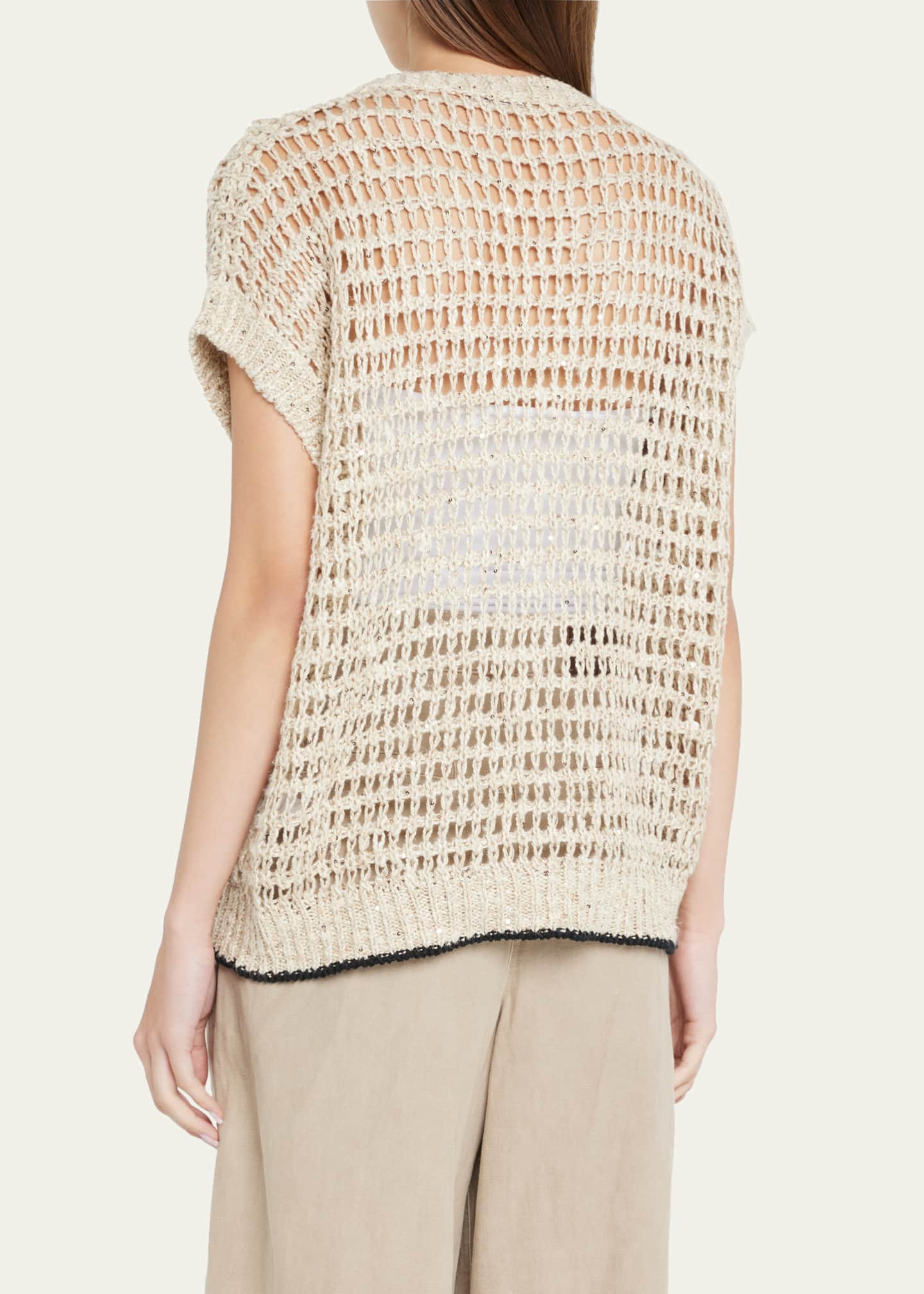 Brunello Cucinelli Linen Open-Work Knit Crewneck with Micro Paillette ...