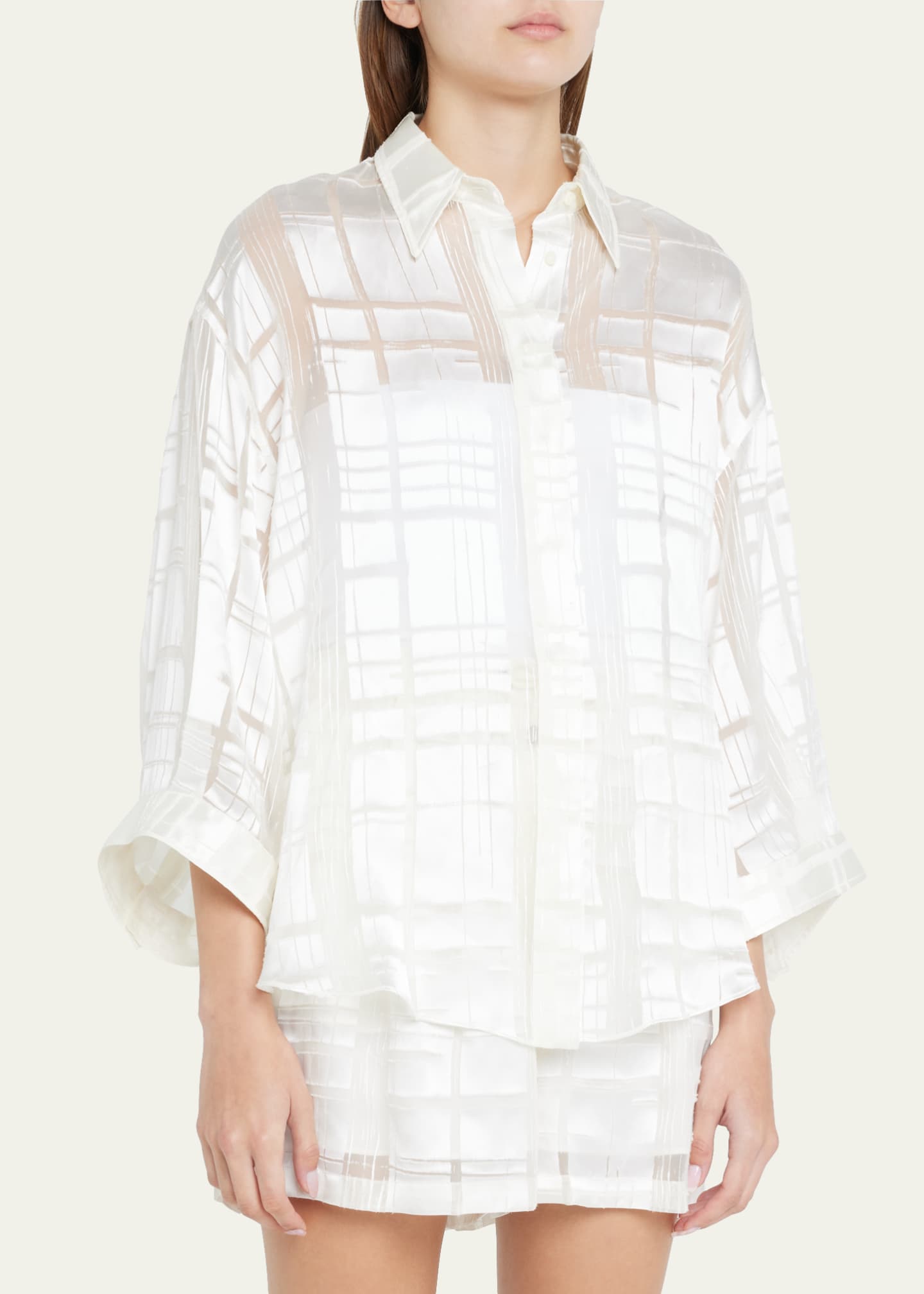 Brunello Cucinelli Organza Paint Stroke Print Button-Down Blouse ...