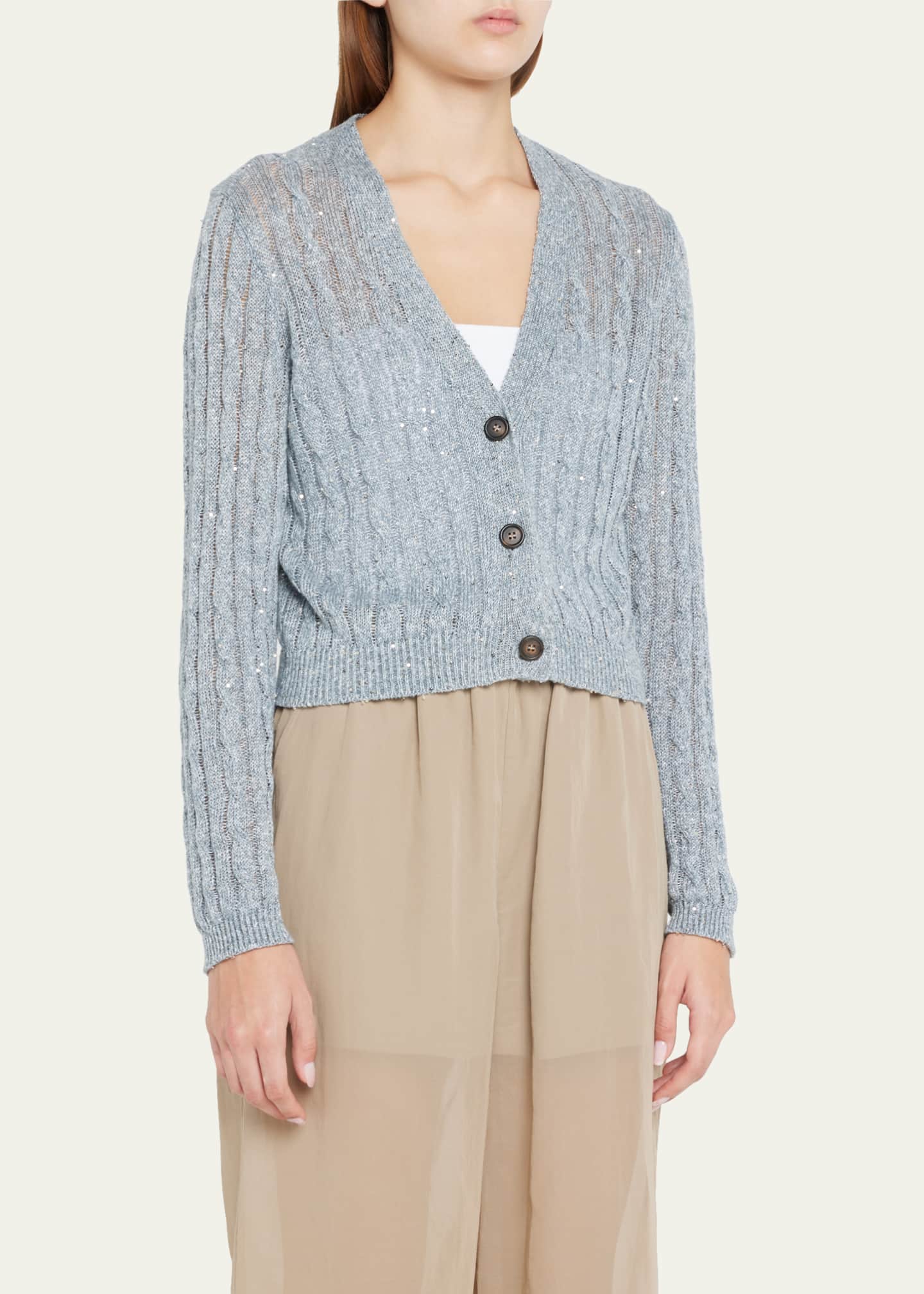 Brunello Cucinelli Linen Cable-Knit Cardigan with Paillette Detail ...