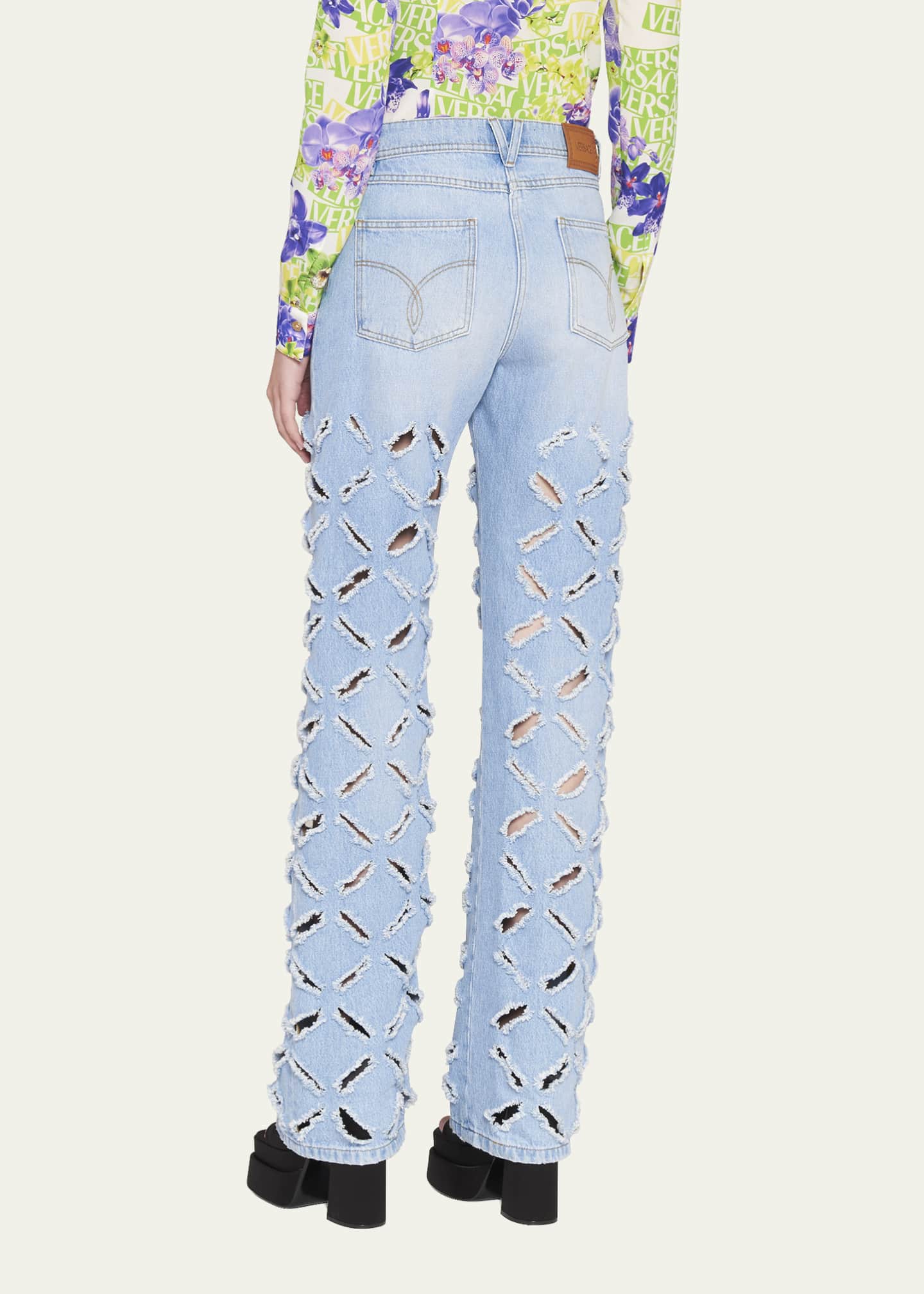 Versace Laser-Cut Checkered Denim Pants - Bergdorf Goodman
