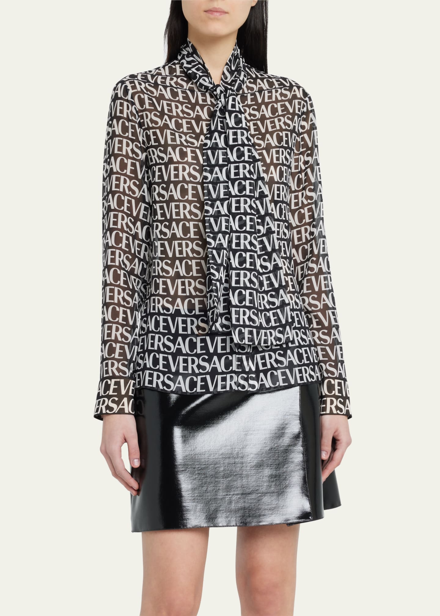 Versace Silk Logo Print Blouse w/ Tie Neck - Bergdorf Goodman