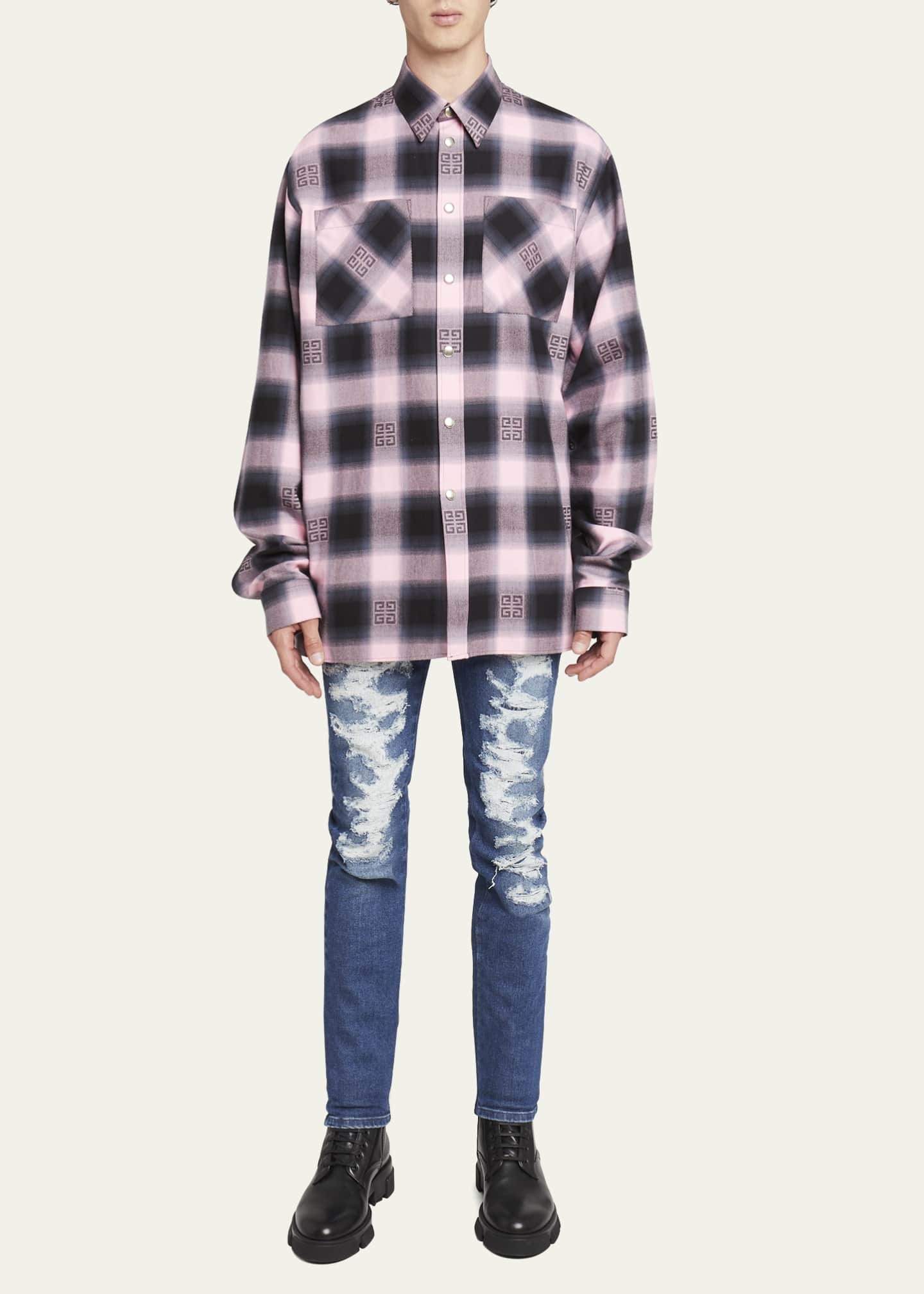 Givenchy Men's 4G Plaid Flannel Overshirt - Bergdorf Goodman