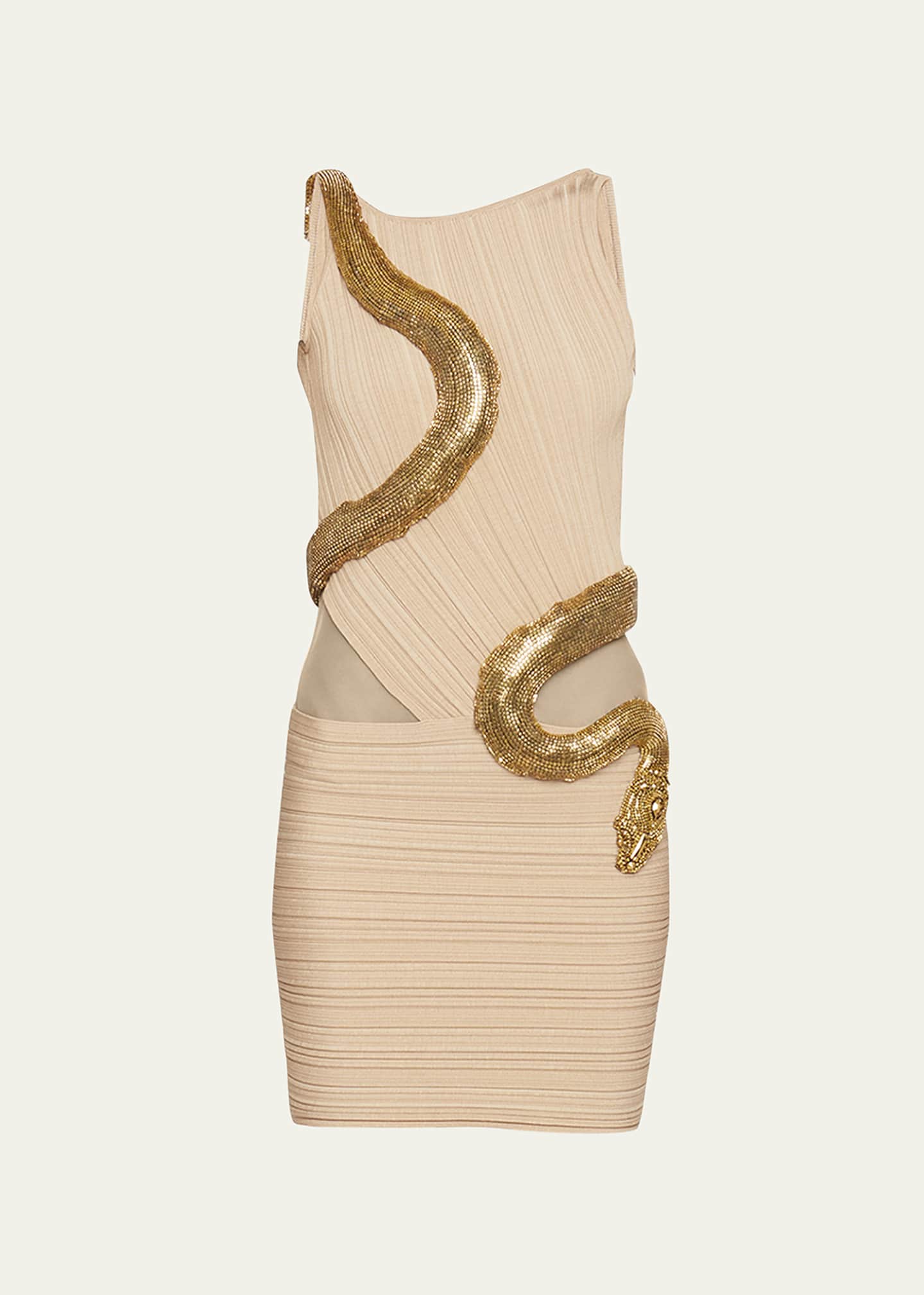 Balmain Pleated Mini Dress with Asymmetric Snake Detail - Bergdorf Goodman