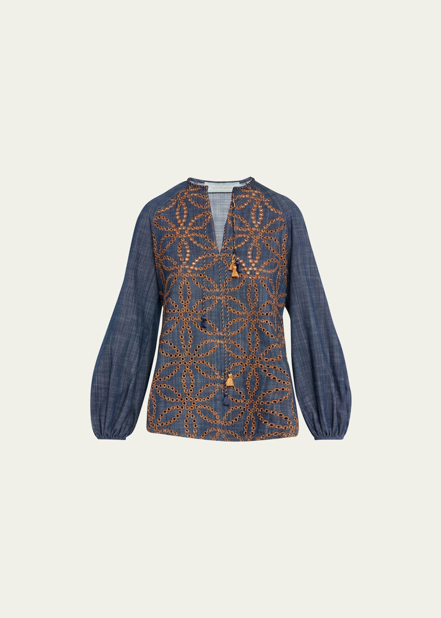 Silvia Tcherassi Vigolene Tassel Eyelet Blosuse - Bergdorf Goodman