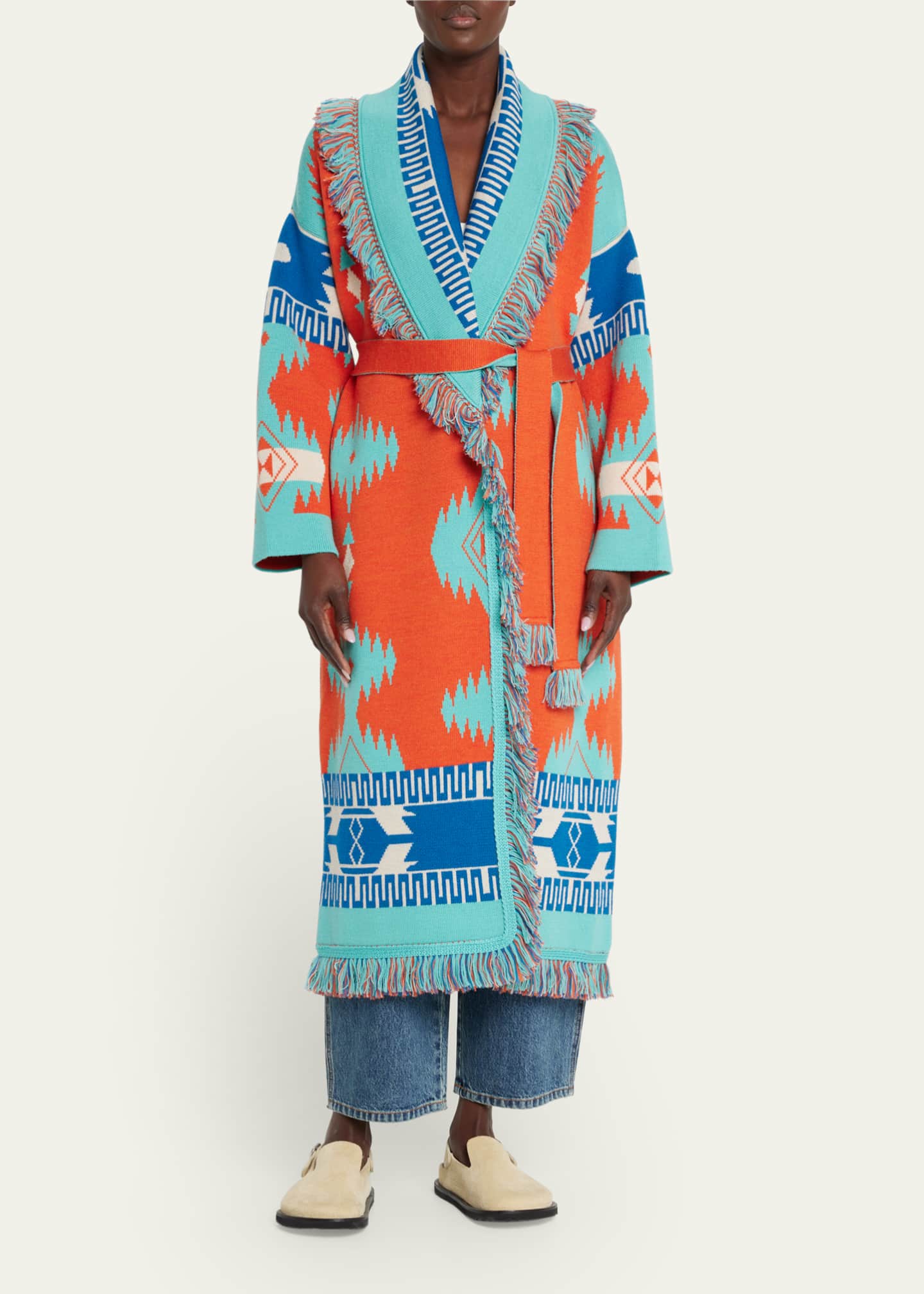 Alanui Icon Jacquard Fringe Belted Wool Long Coat - Bergdorf Goodman