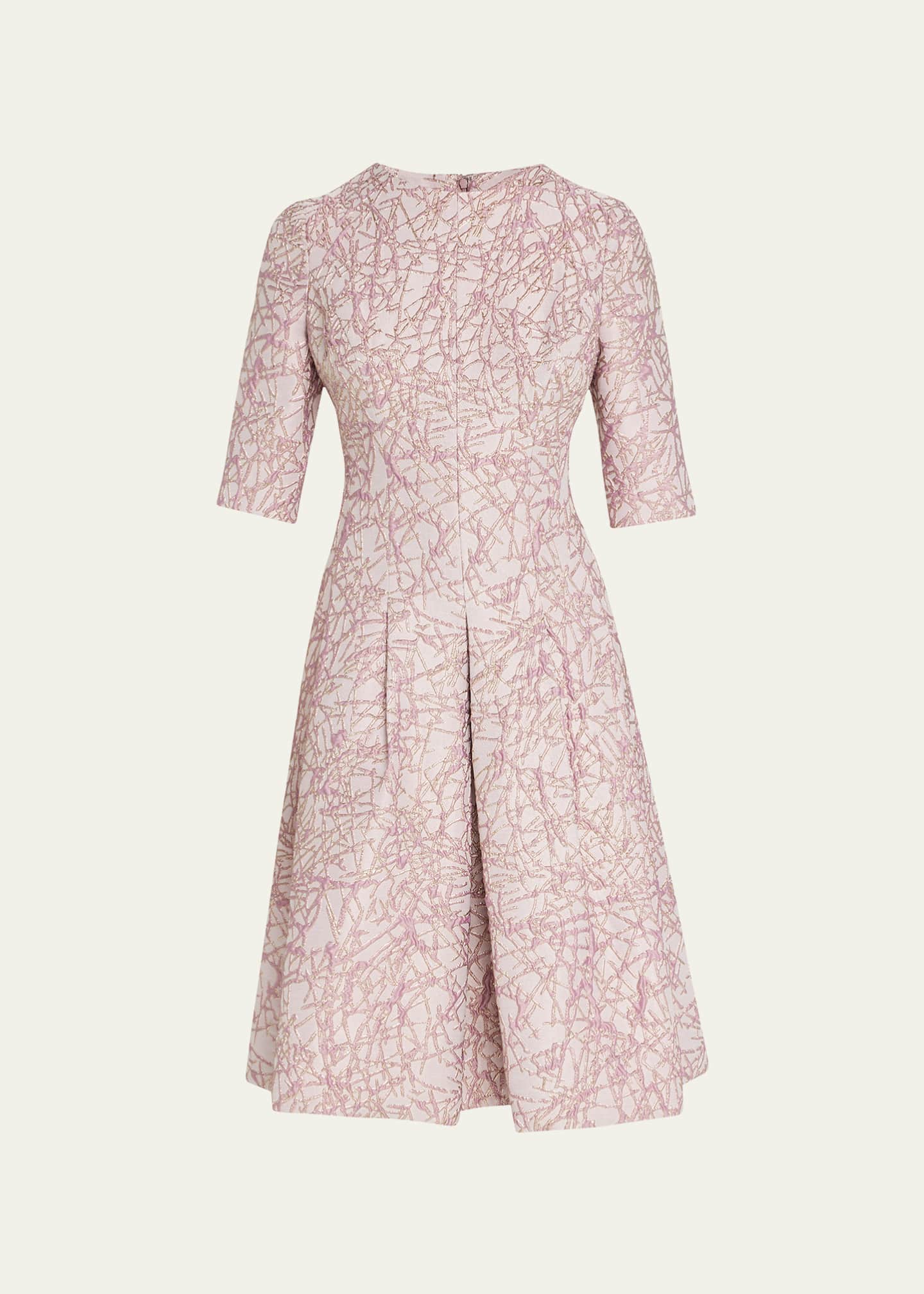 Rickie Freeman for Teri Jon Pleated 3/4-Sleeve Jacquard Midi Dress ...