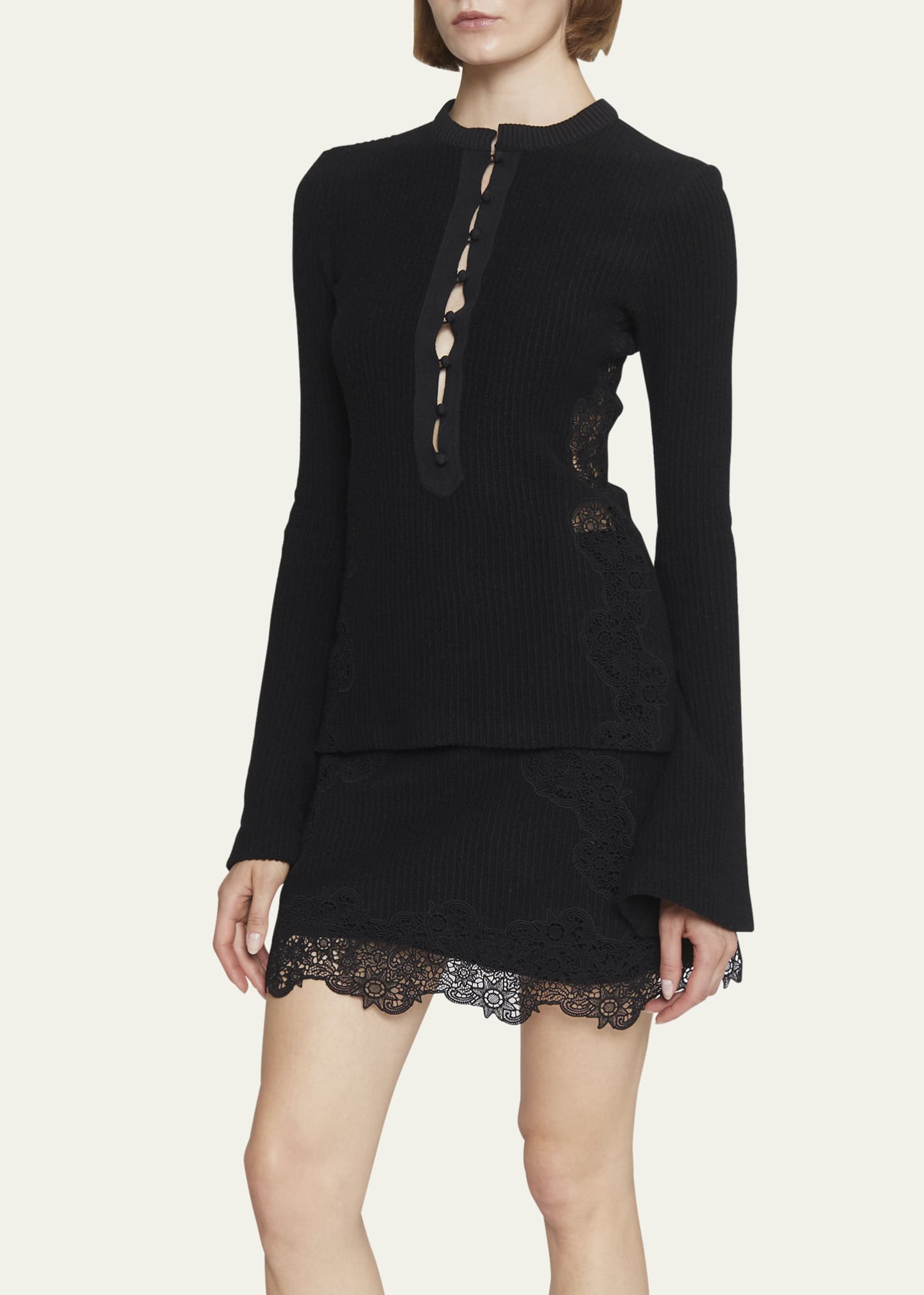 Chloe Lace-Insert Flare-Sleeve Rib Top - Bergdorf Goodman