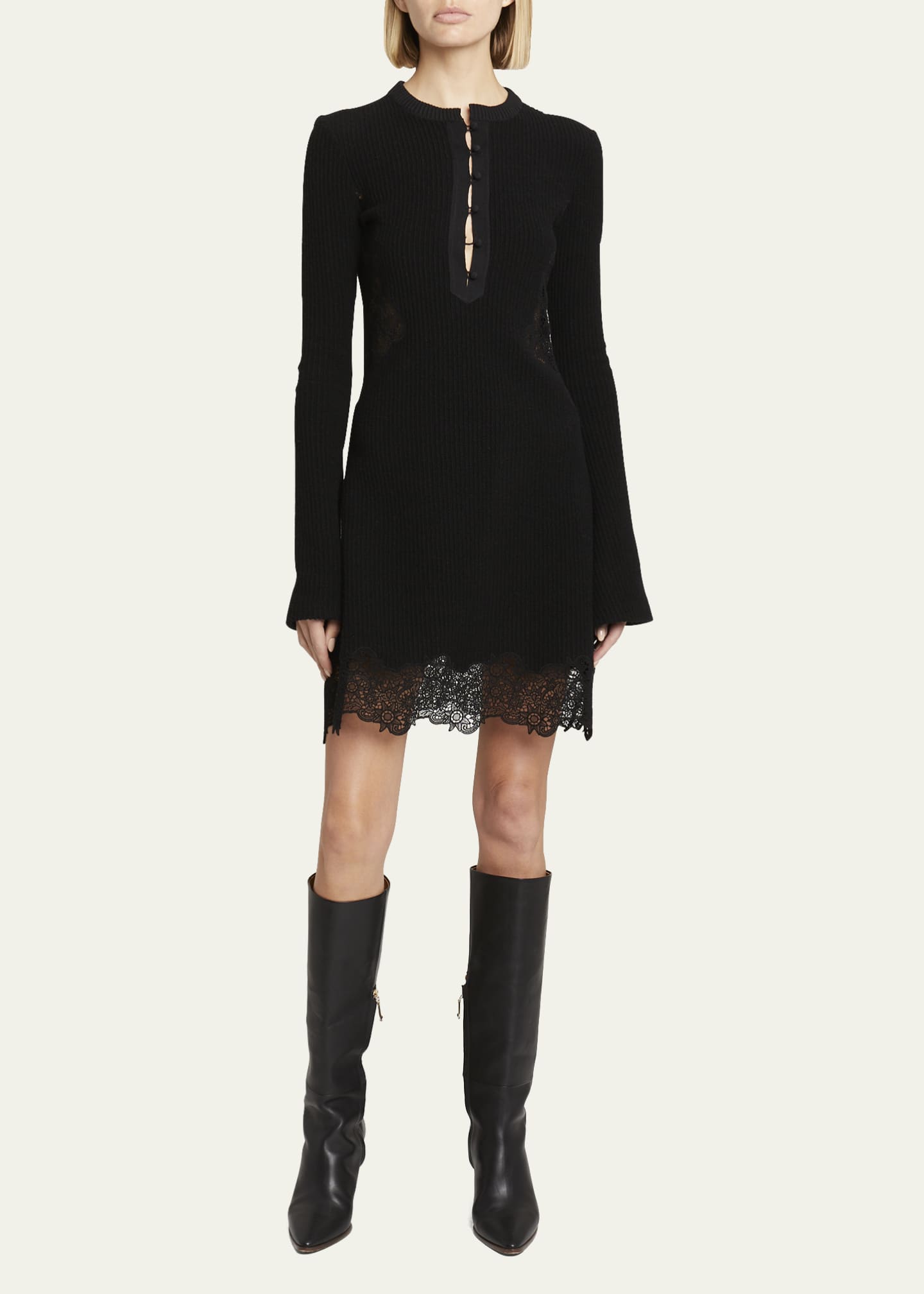 Chloe Lace Insert Flare-Sleeve Rib Short Dress - Bergdorf Goodman